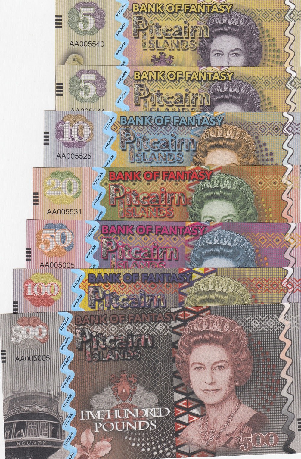 Fantasy Banknotes, 5 Pounds(2), 10 Pounds, 20 Pounds, 50 Pounds, 100 ...