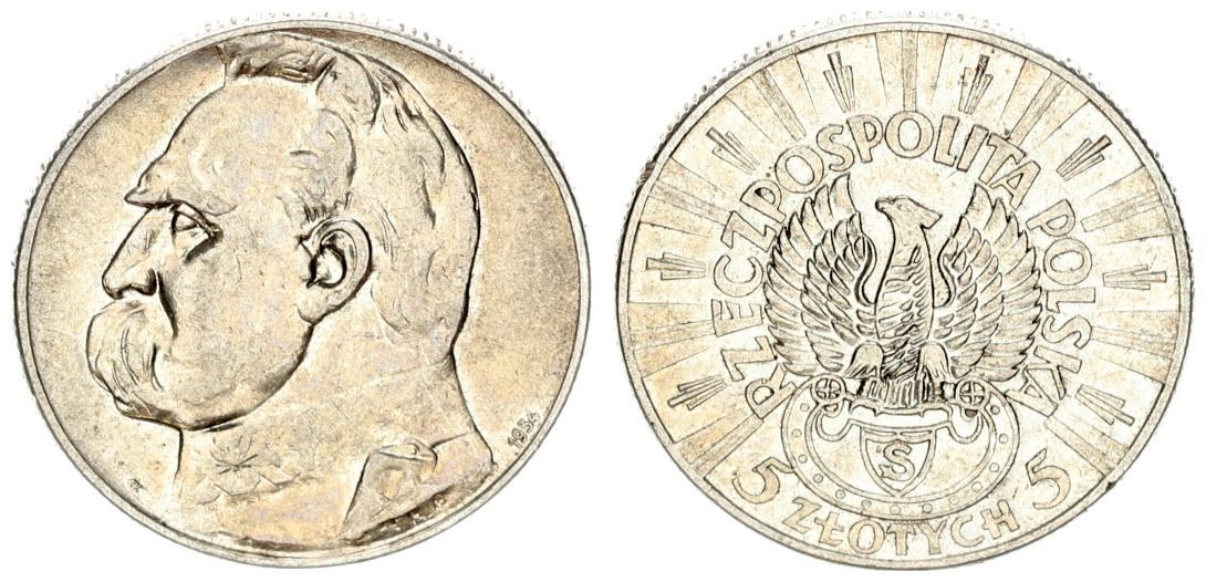 Poland 5 Zlotych 1934 (w) Averse: Rifle Corps symbol below eagle with ...