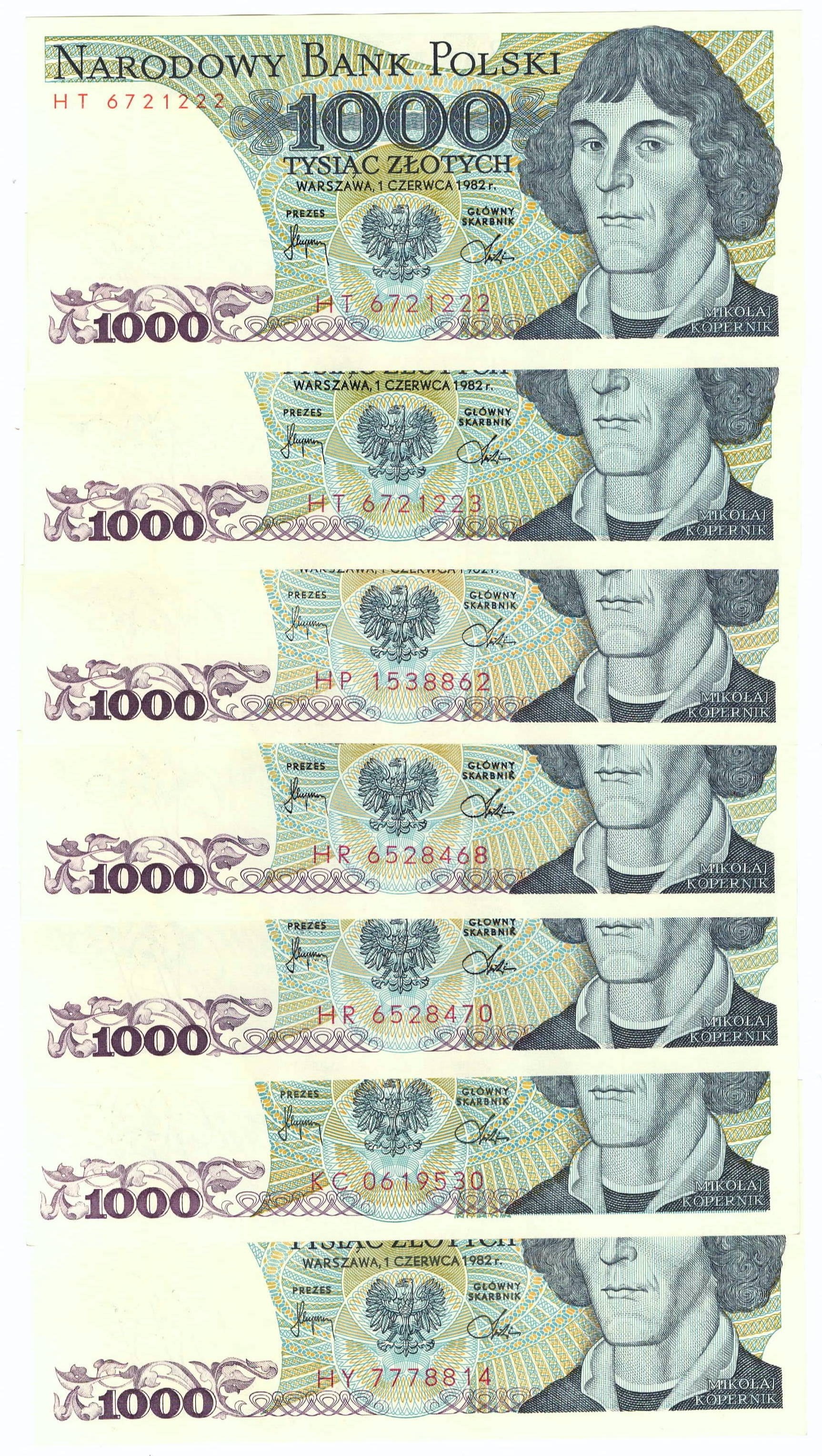 PRL, 1000 złotych 1982 - zestaw 7 egzemplarzy, różne serie - Aukcja ...
