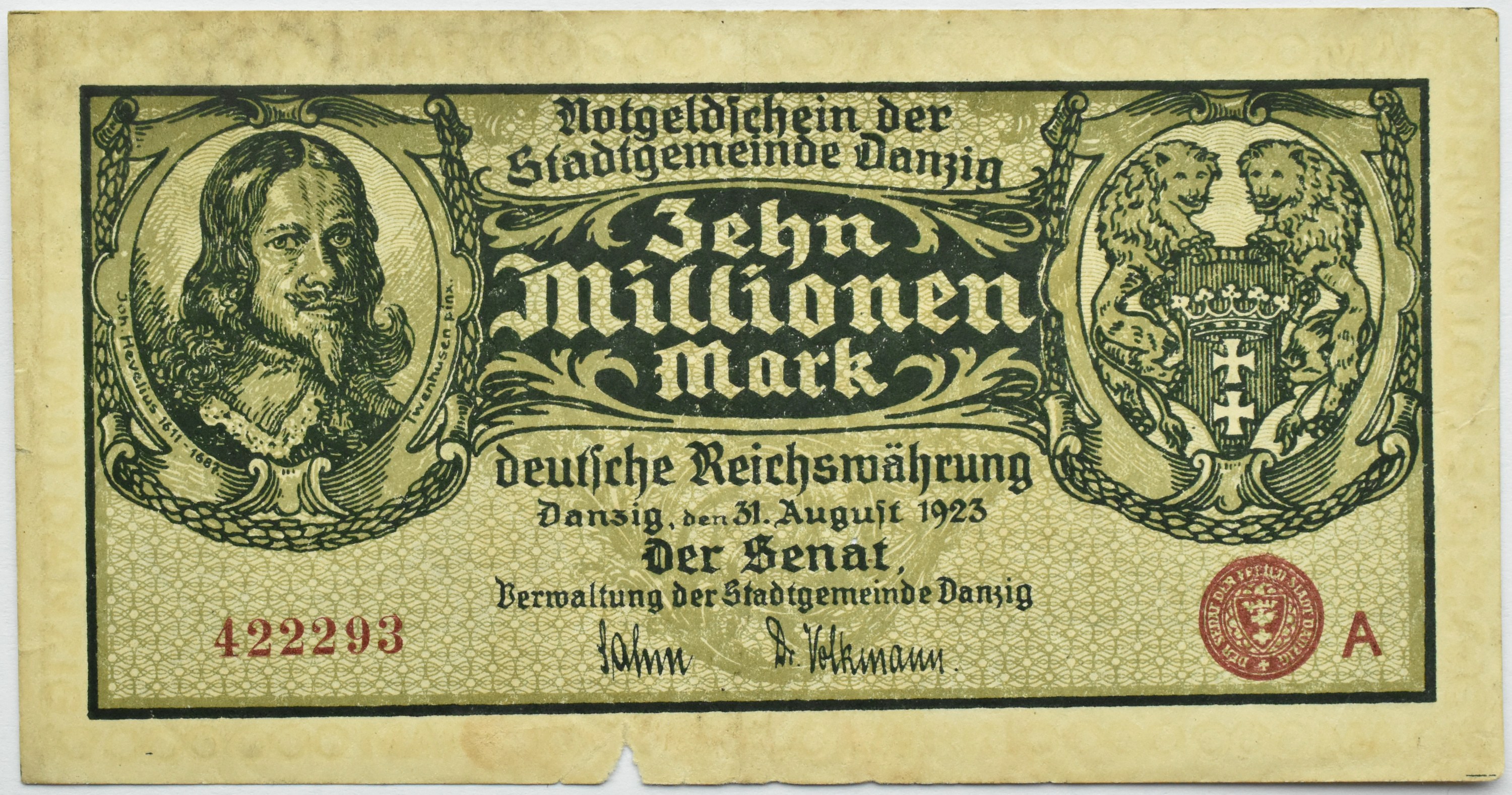Wolne Miasto Gdańsk, 10 milionów marek 1923, seria A, nieodwrócony ...