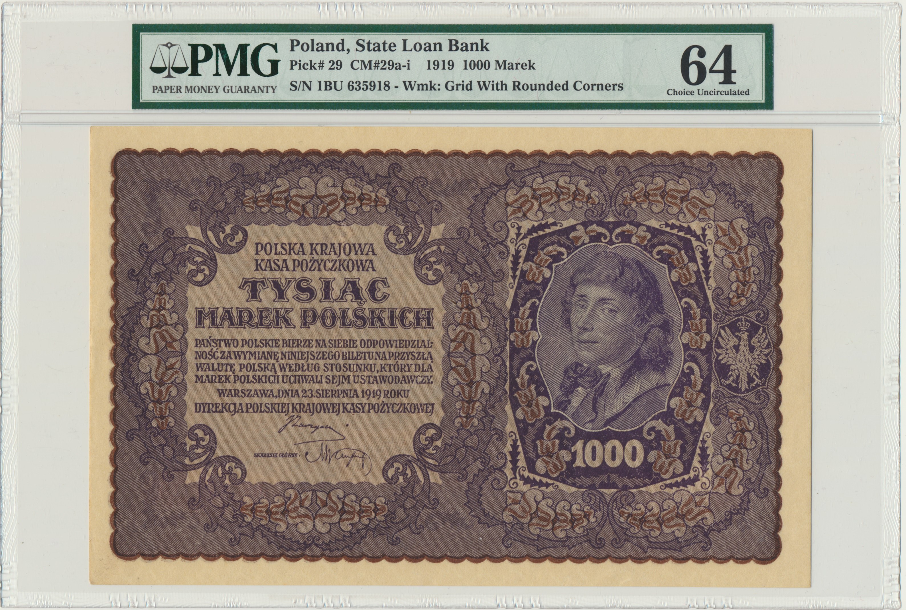 1.000 marek 1919 - I Serja BU - PMG 64 - Aukcja internetowa / Licytacja online - Cena - OneBid