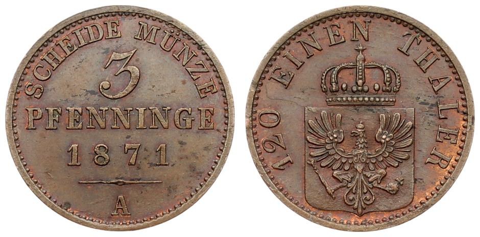 Germany PRUSSIA 3 Pfennig 1871A Wilhelm I(1861-1888). Averse: Crowned ...