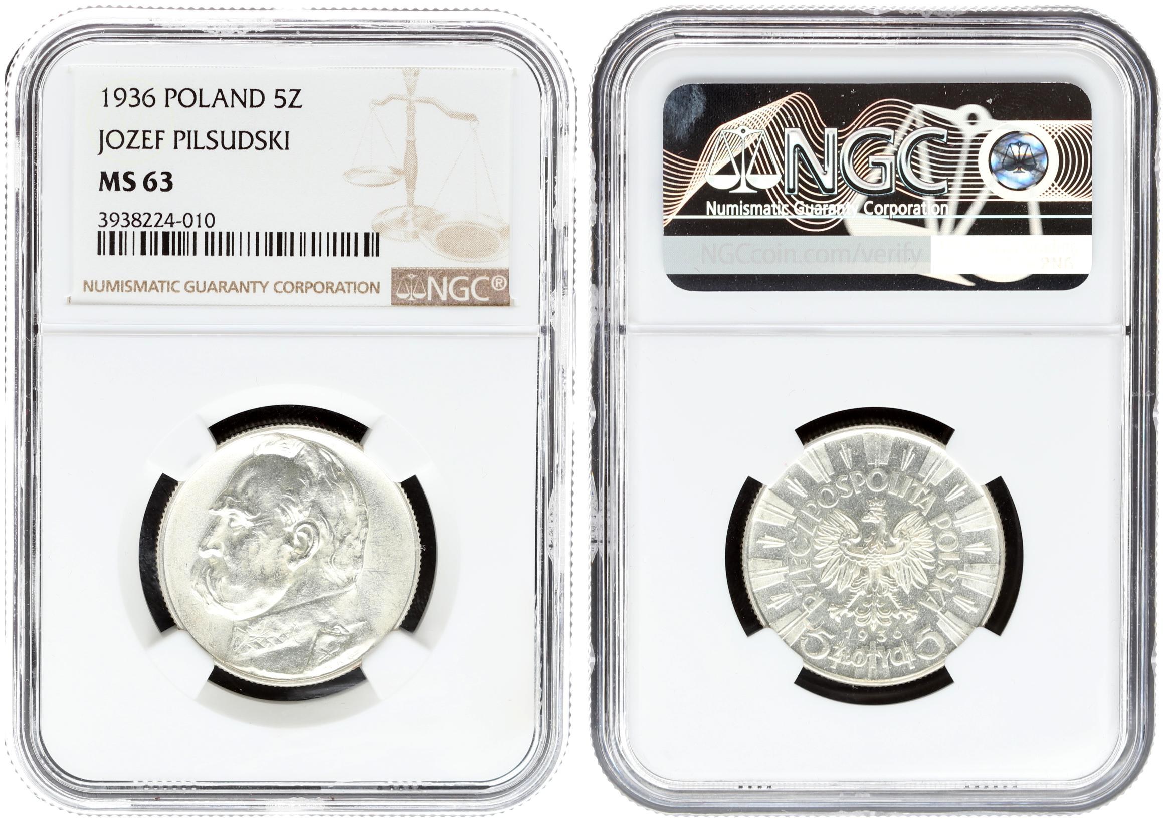 Poland 5 Zlotych 1936 (w) Averse: Radiant crowned eagle with wings open. Reverse: Head of Jozef ...