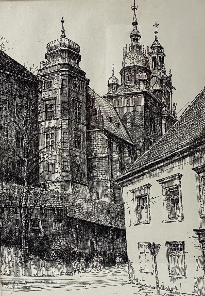 [Wawel] Grafika przedstawiająca Wawel wraz z fragmentem Domu Długosza ...