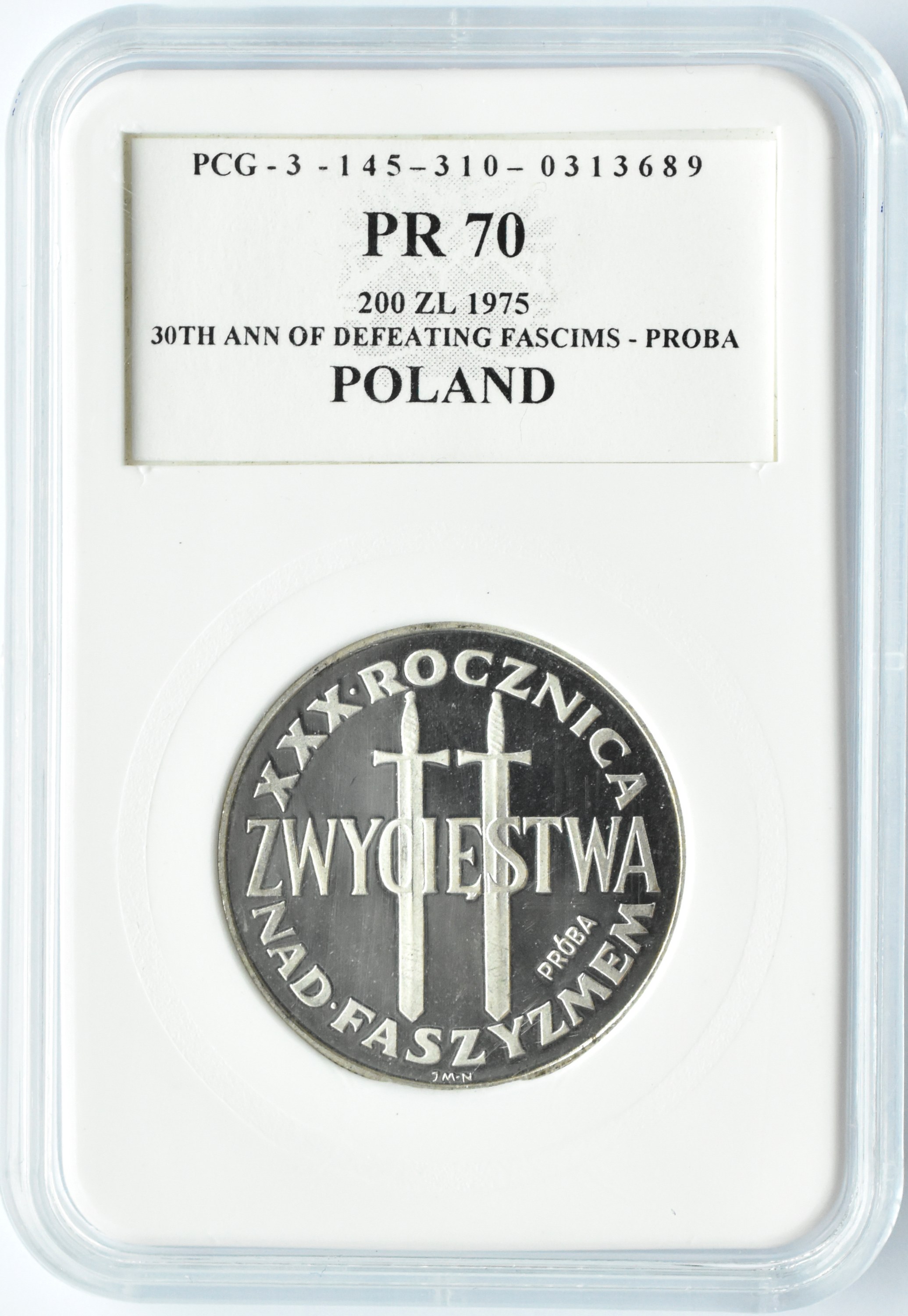 Polska, PRL, 200 złotych 1975 próba, Faszyzm, PCG PR70 - Aukcja ...