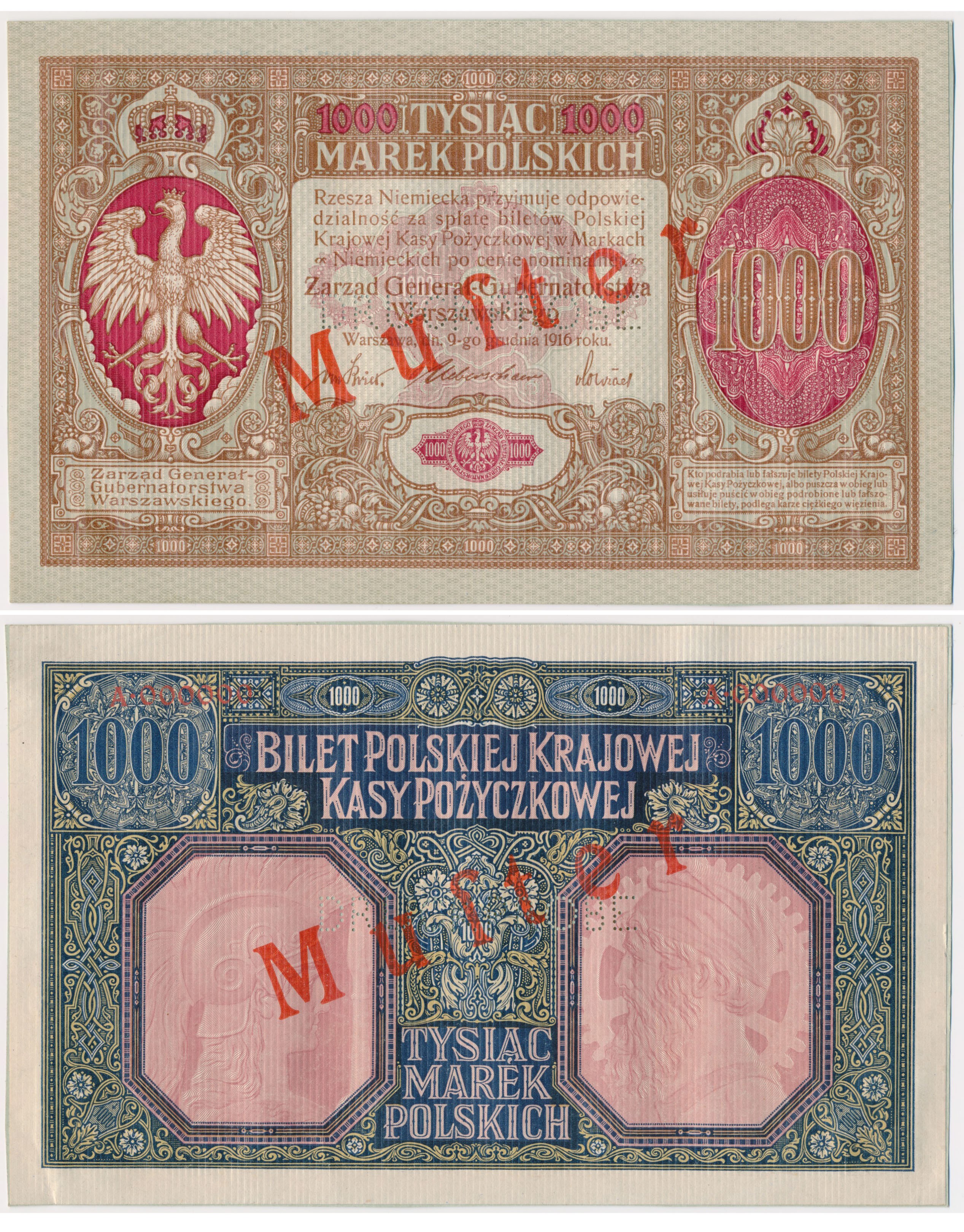 1000 marek 1916 Generał - WZÓR Awers i Rewers - (2szt.) - DUŻA RZADKOŚĆ ...