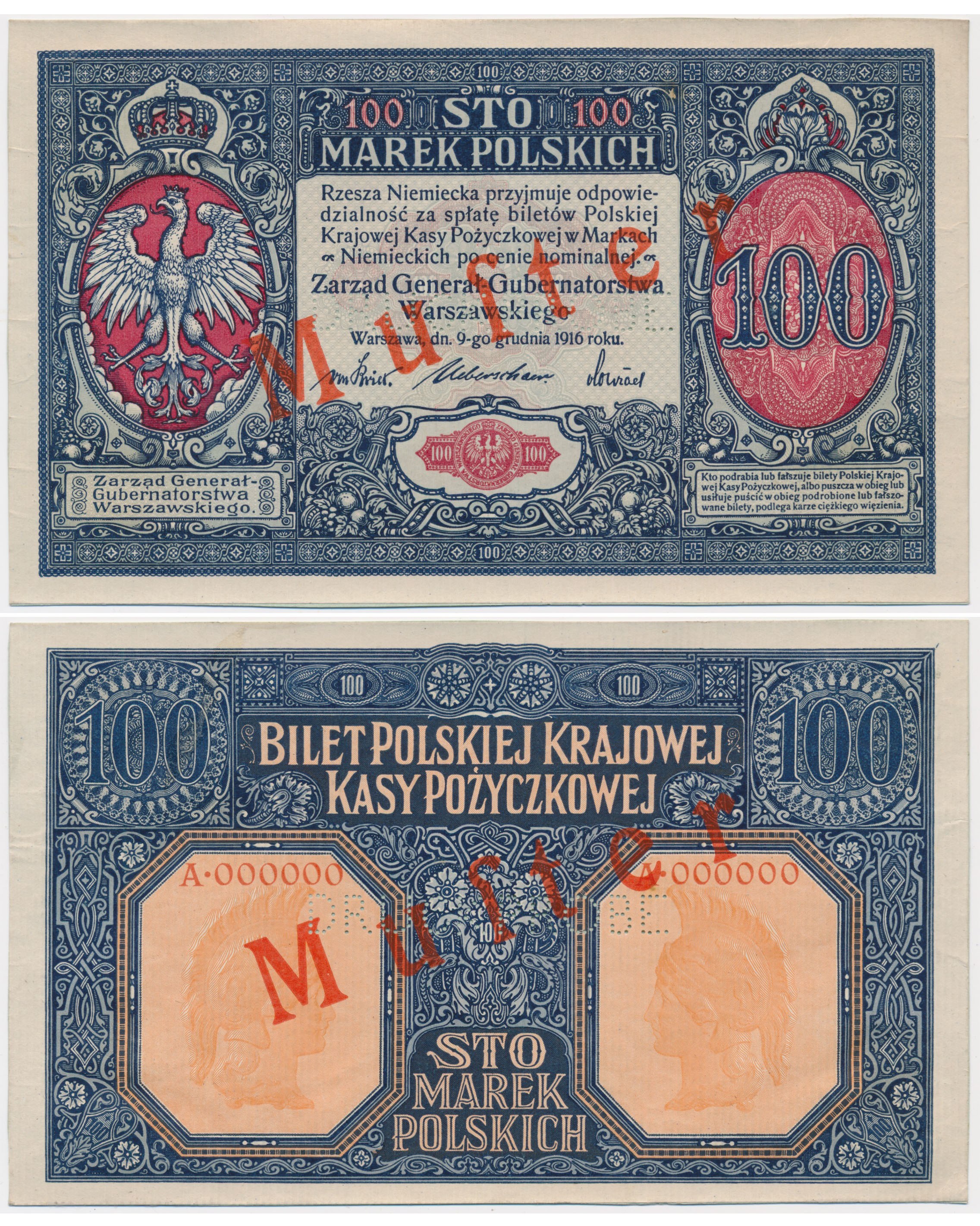 100 marek 1916 Generał - WZÓR Awers i Rewers - (2szt.) - DUŻA RZADKOŚĆ ...