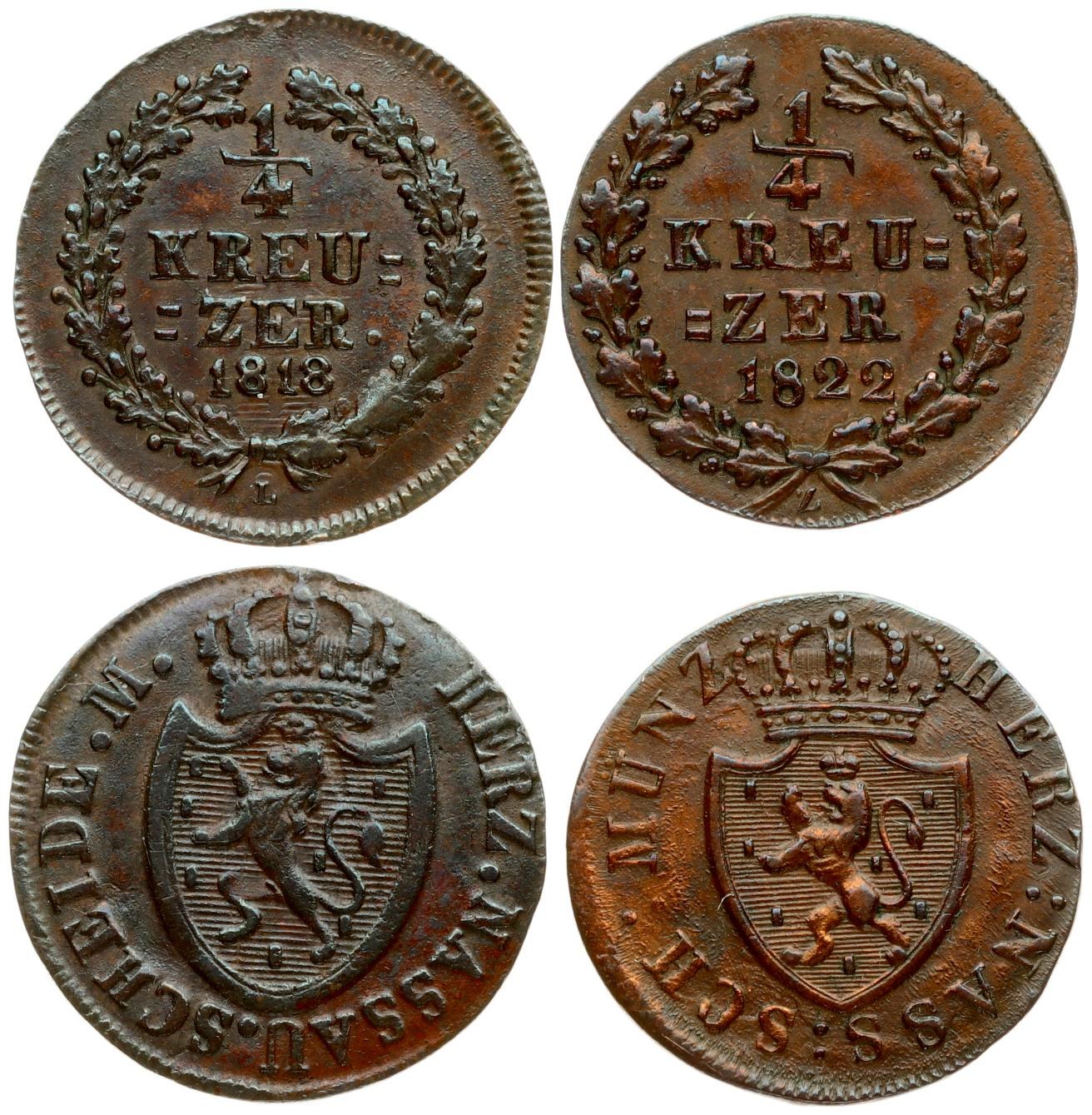 Germany NASSAU 1/4 Kreuzer 1818 & 1822 Wilhelm(1816-1839). Averse ...