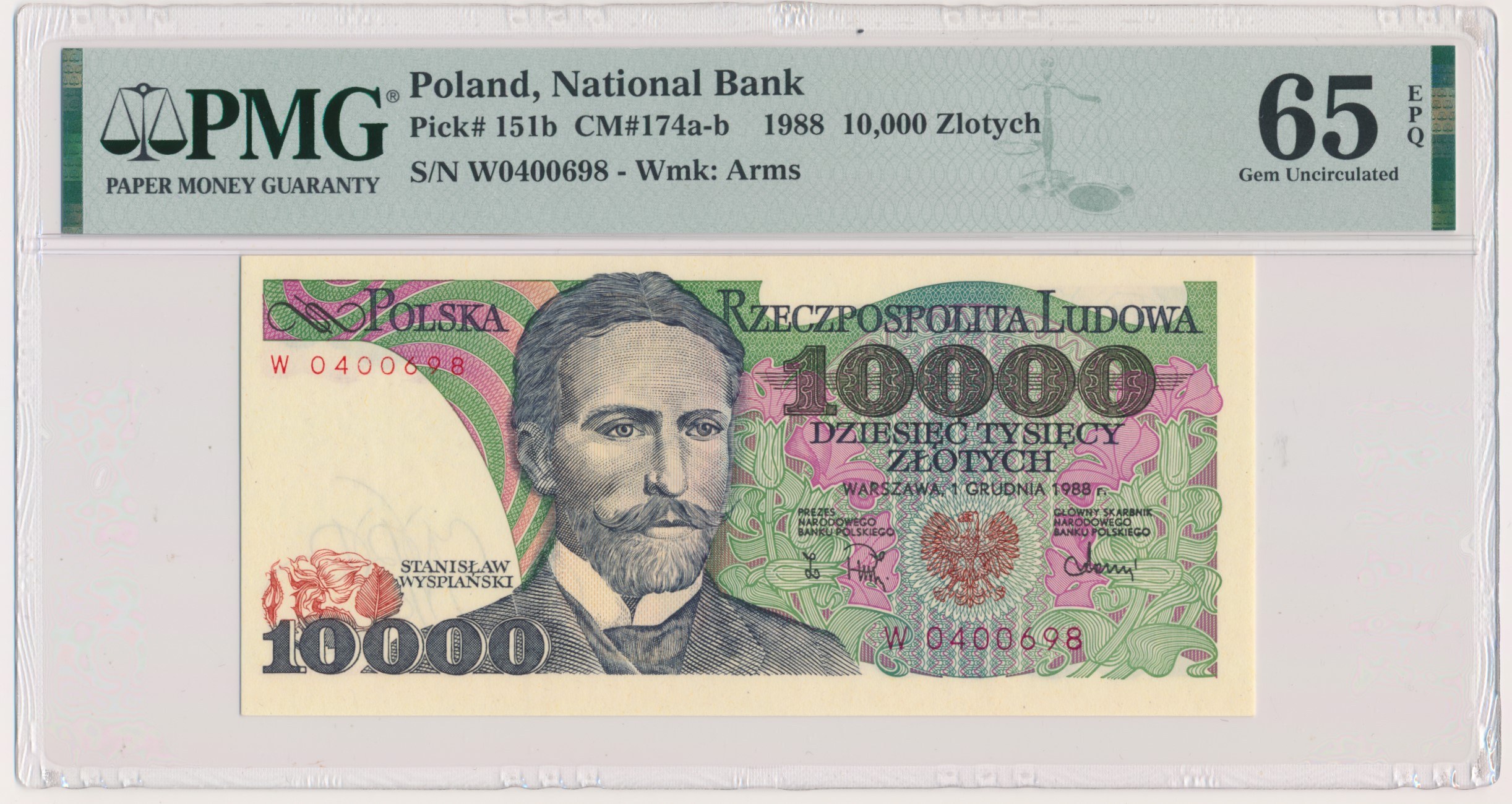 10.000 złotych 1988 - W - PMG 65 EPQ - pierwsza seria rocznika - Aukcja ...