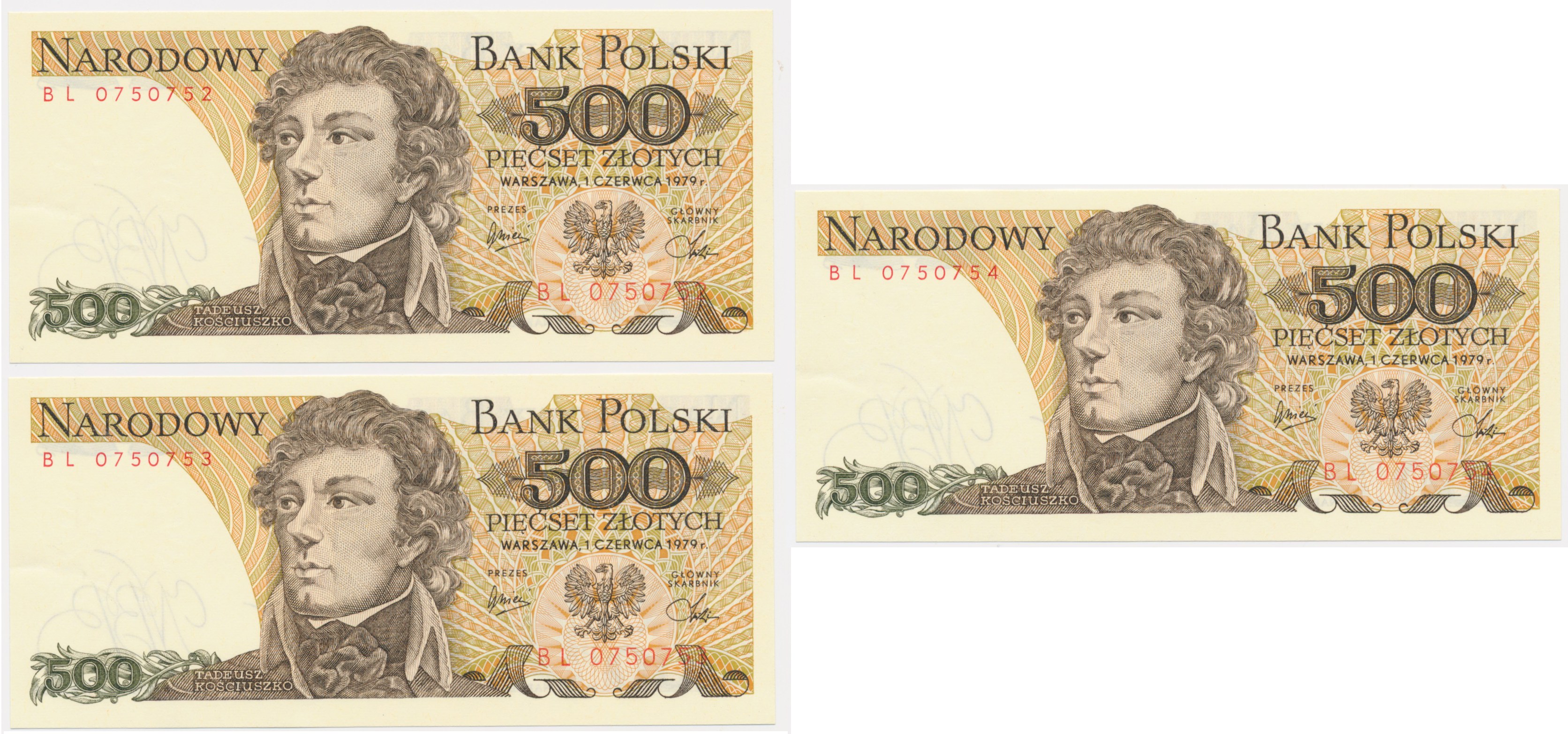 Zestaw, banknoty PRL 500 złotych 1979 - BL - kolejne numery (3 szt ...