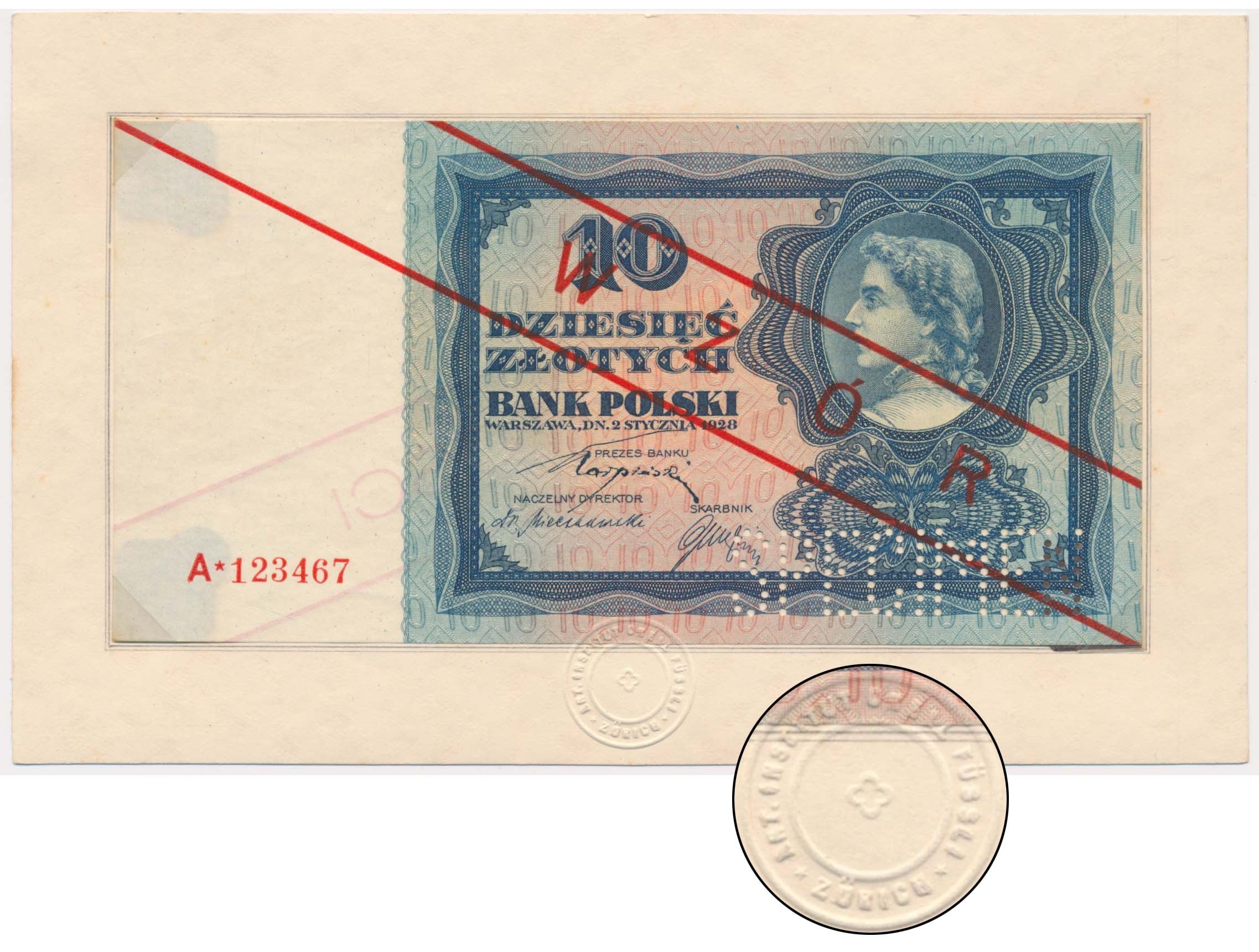10 gold 1928 - MODEL - A ★ 1234567 - SPECIMEN perforation - "Art ...