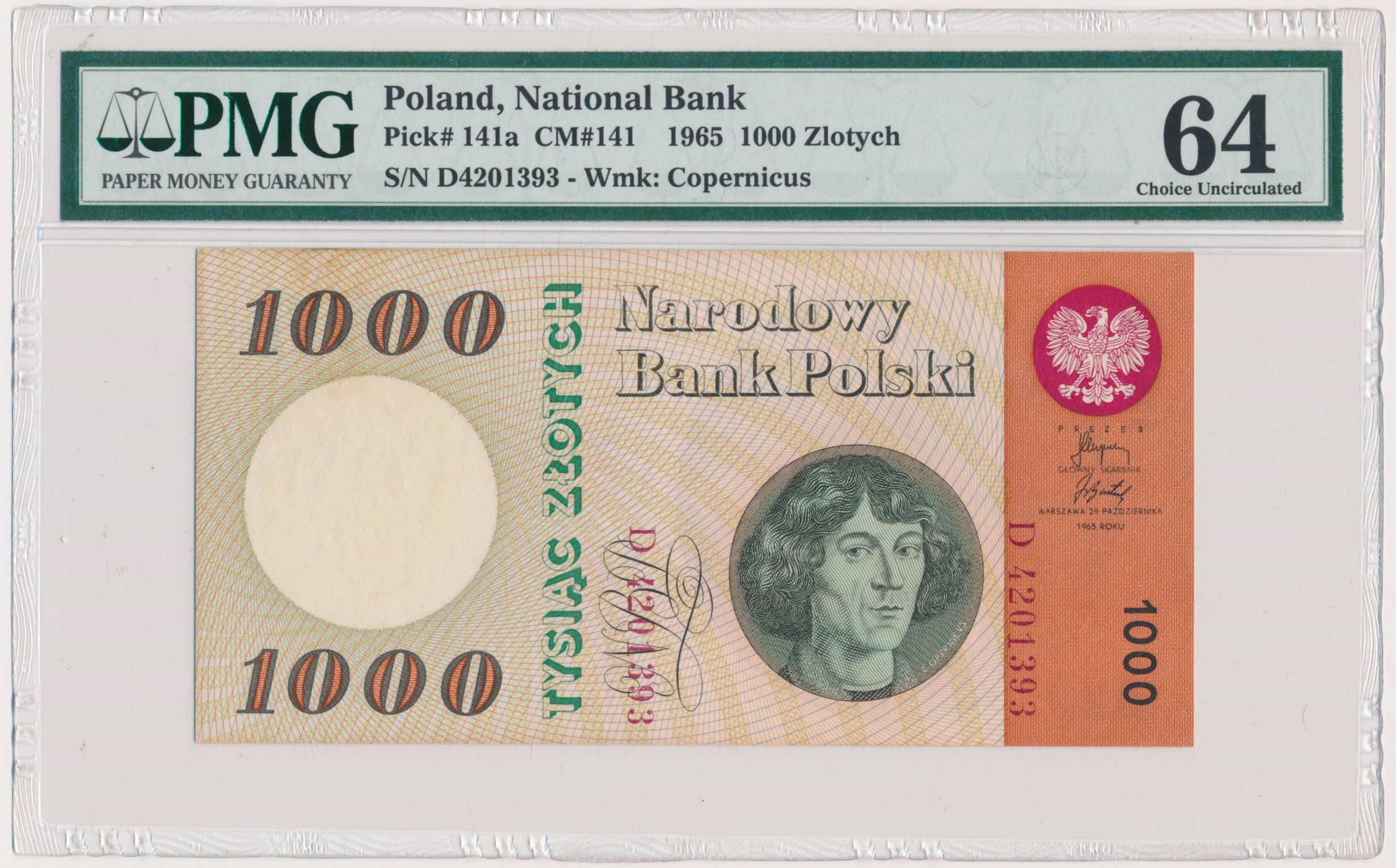 1.000 złotych 1965 - D - PMG 64 - Aukcja internetowa / Licytacja online - Cena - OneBid