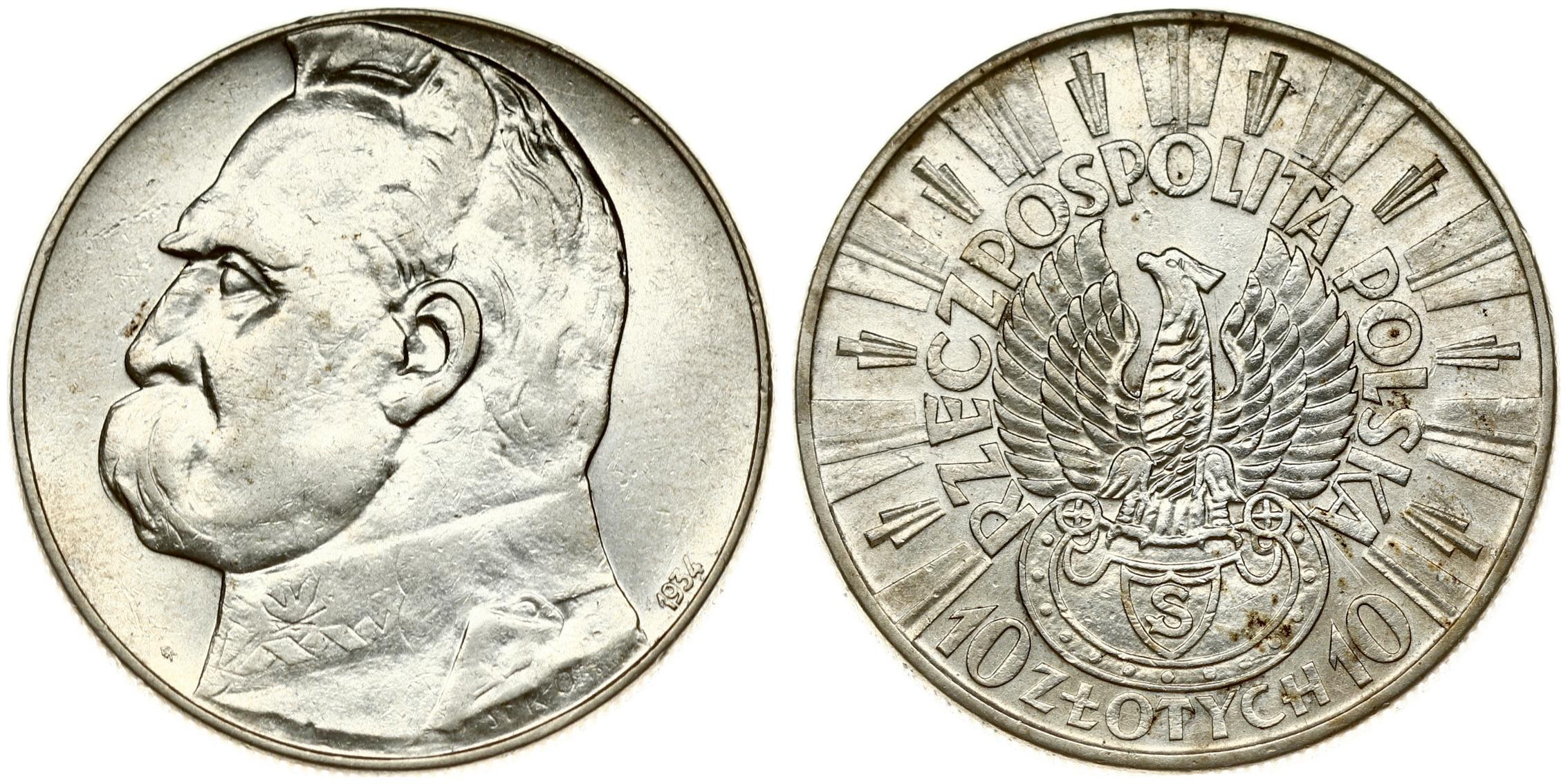 Poland 10 Zlotych 1934 (w) Averse: Rifle Corps symbol below eagle with ...