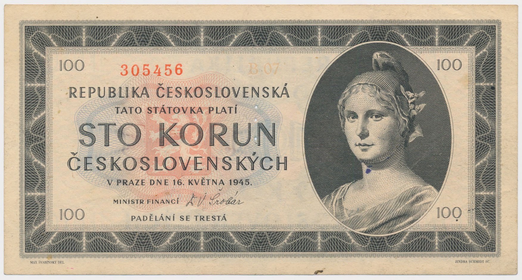 Czechosłowacja, 100 Korun 1945 - PERFORACJA - Aukcja internetowa ...