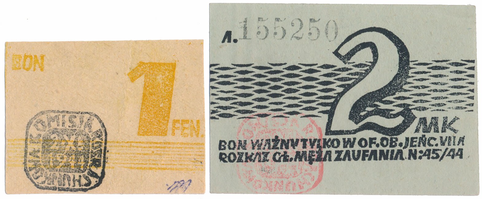 Oflag VII A Murnau, 1 fen (żółty druk) i 2 mk 1944 - (2szt) - Aukcja ...