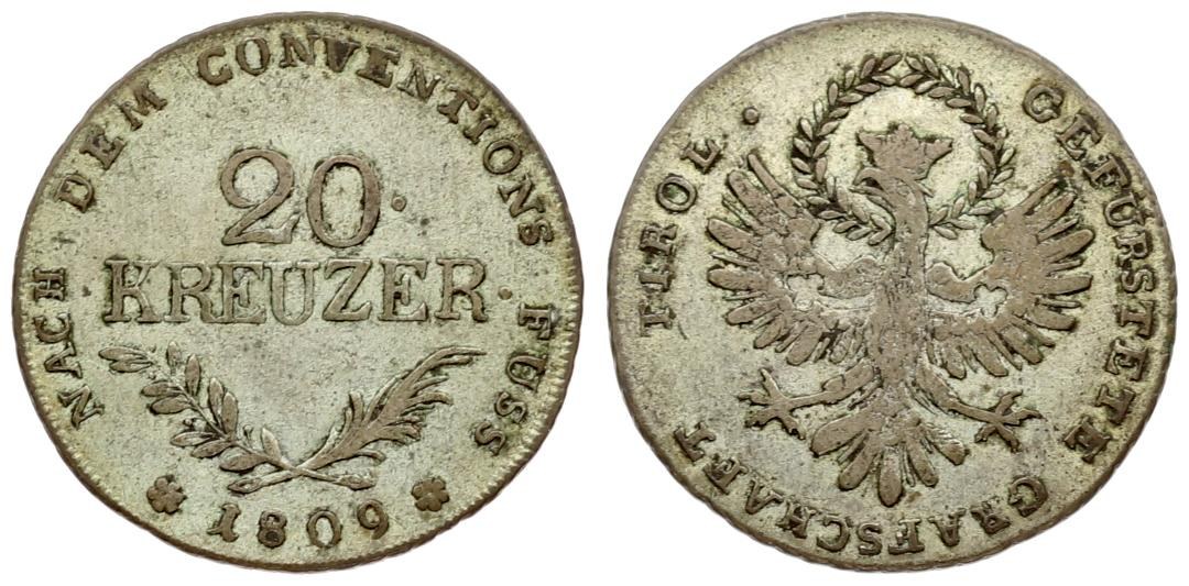 Austria TYROL 20 Kreuzer 1809. Averse: Crowned eagle; wreath encircles ...