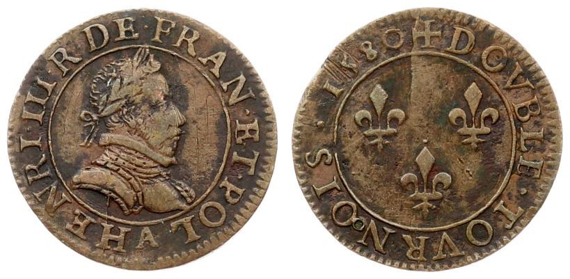 France 1 Double Tournois 1580 Paris mint. Henri III (1574-1589). Averse Lettering: HENRI.III.R ...