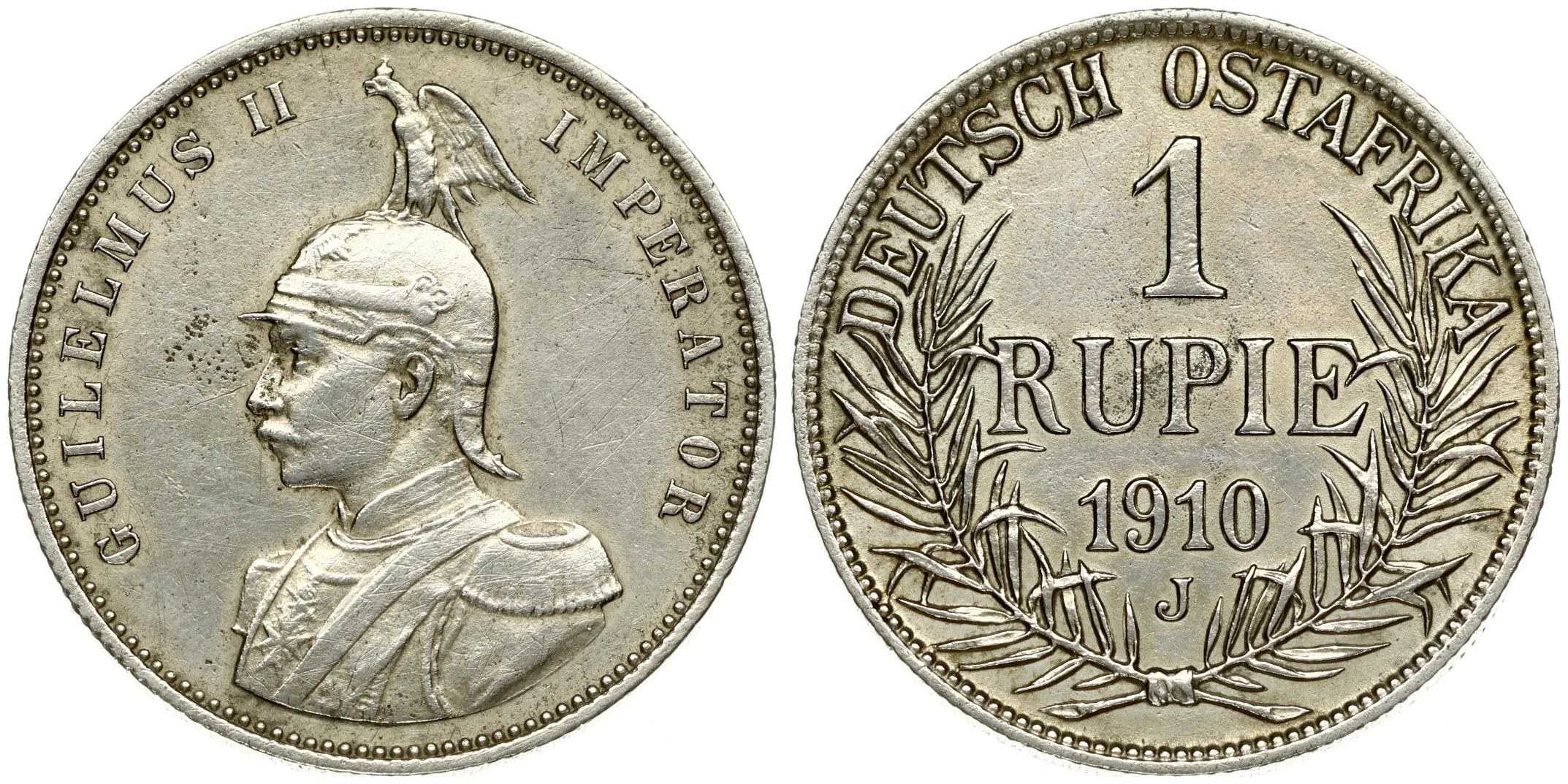 Germany East Africa 1 Rupie 1910J Wihelm II(1888-1918). Averse: Armored ...