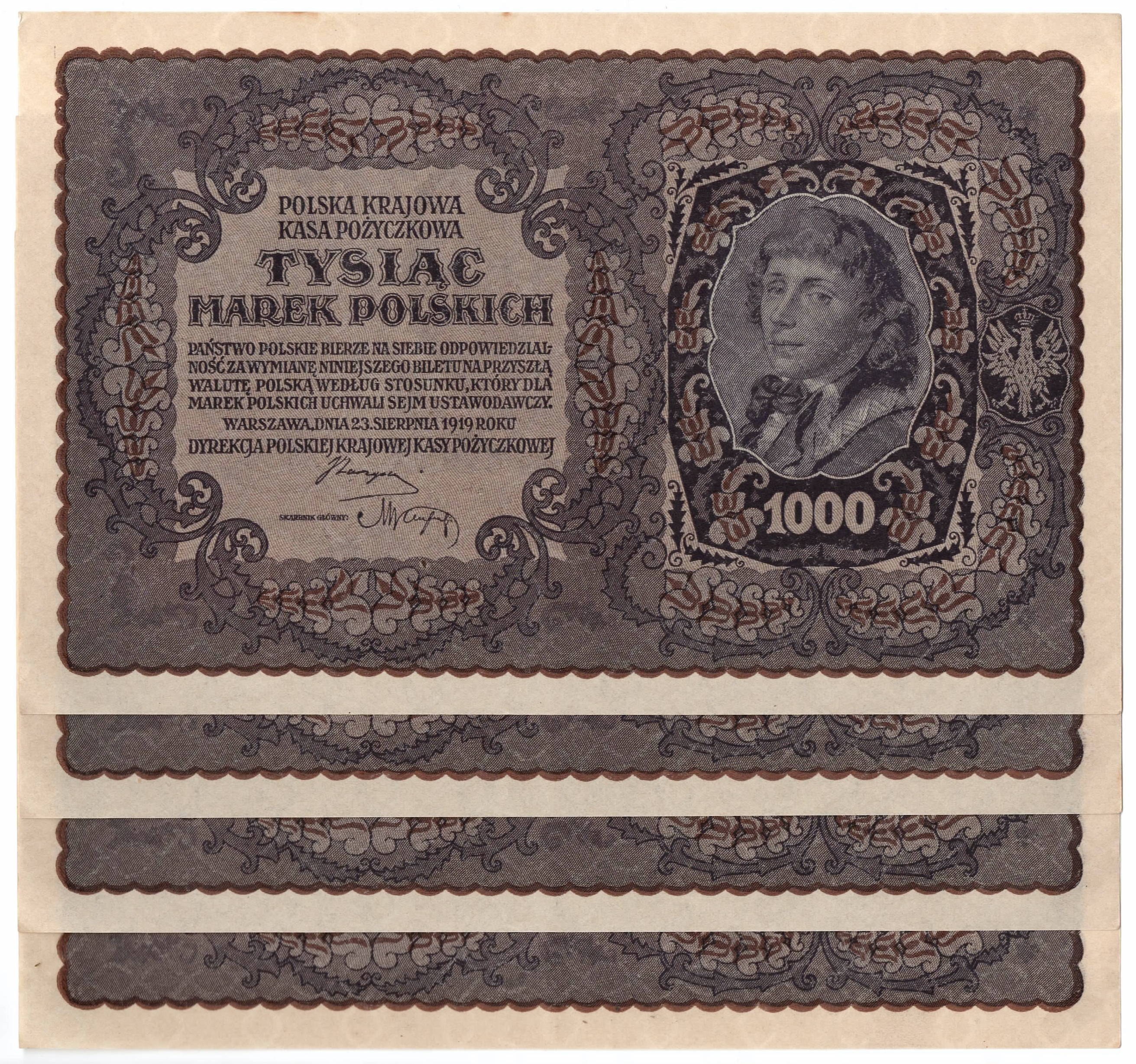 II RP, Set of 1000 Polish marks 1919 III series F - 4 pieces from one ...
