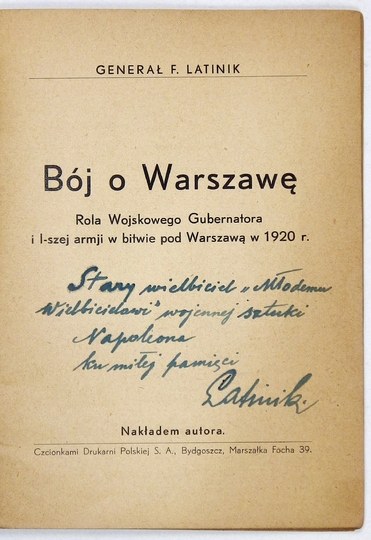LATINIK F. K. - Bój o Warszawę. 1931. Z dedykacją autora i jego wizytówką. - Aukcja internetowa ...