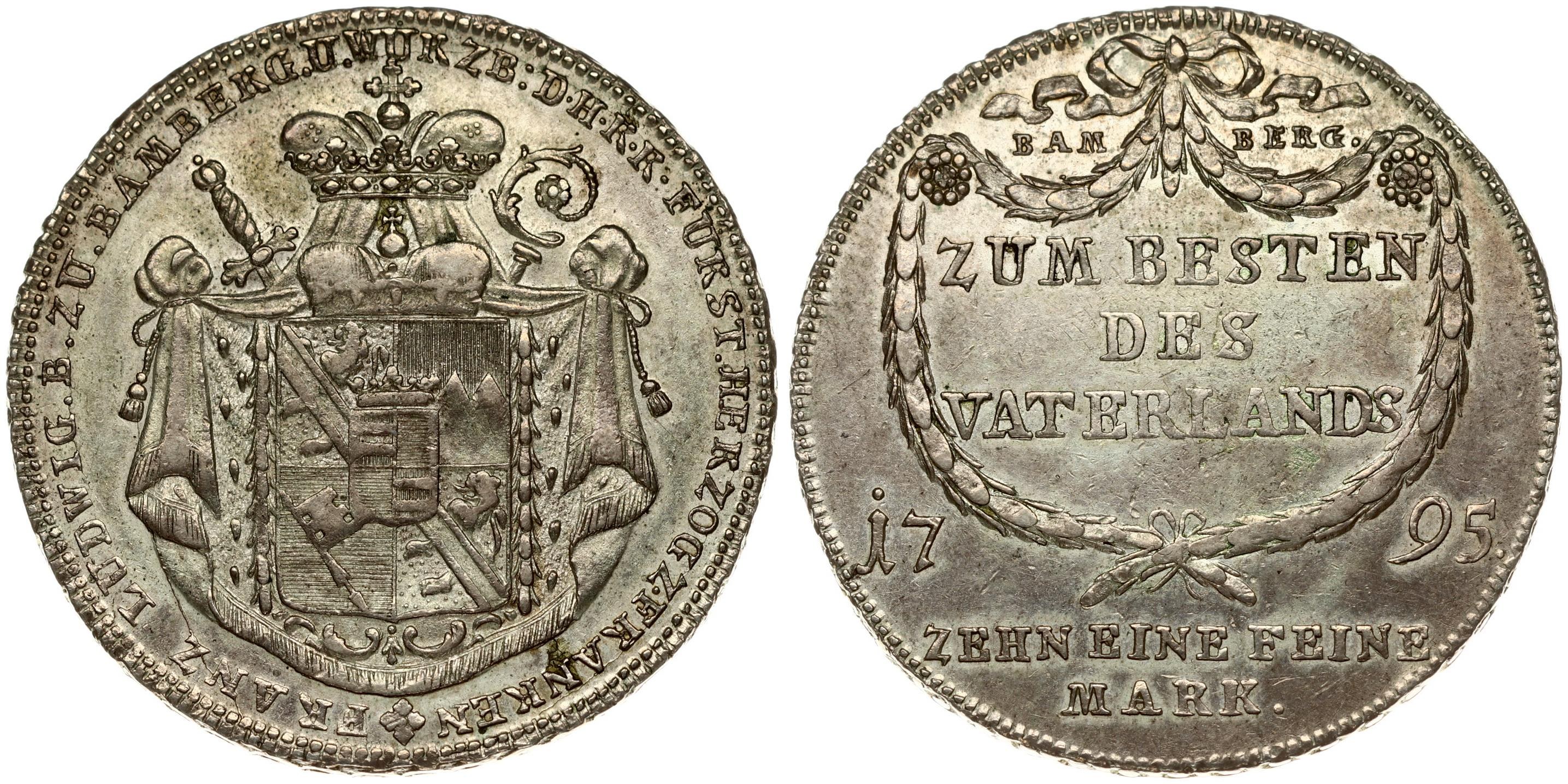 Germany BAMBERG 1 Thaler 1795 Franz Ludwig(1779-1795). Averse: Crowned ...