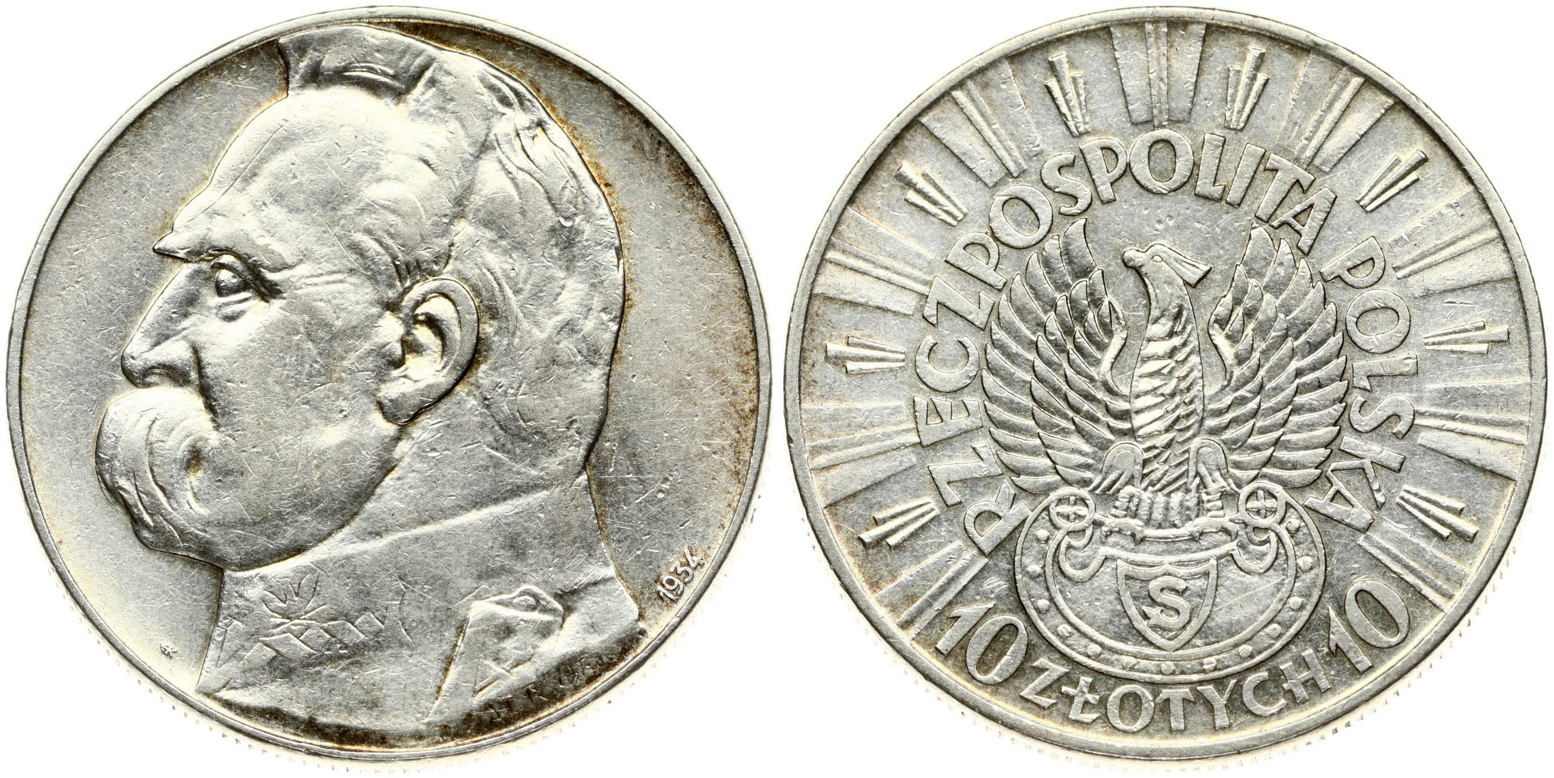 Poland 10 Zlotych 1934(w) Obverse: Rifle Corps symbol below eagle with wings open. Reverse ...