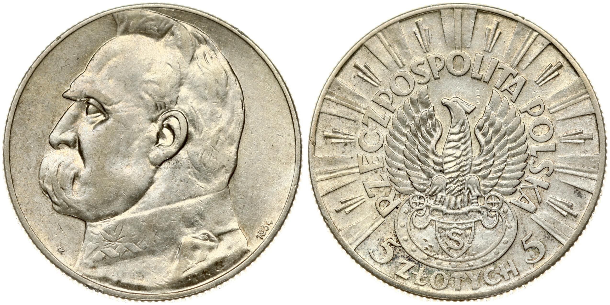 Poland 5 Zlotych 1934(w) Obverse: Rifle Corps symbol below eagle with ...