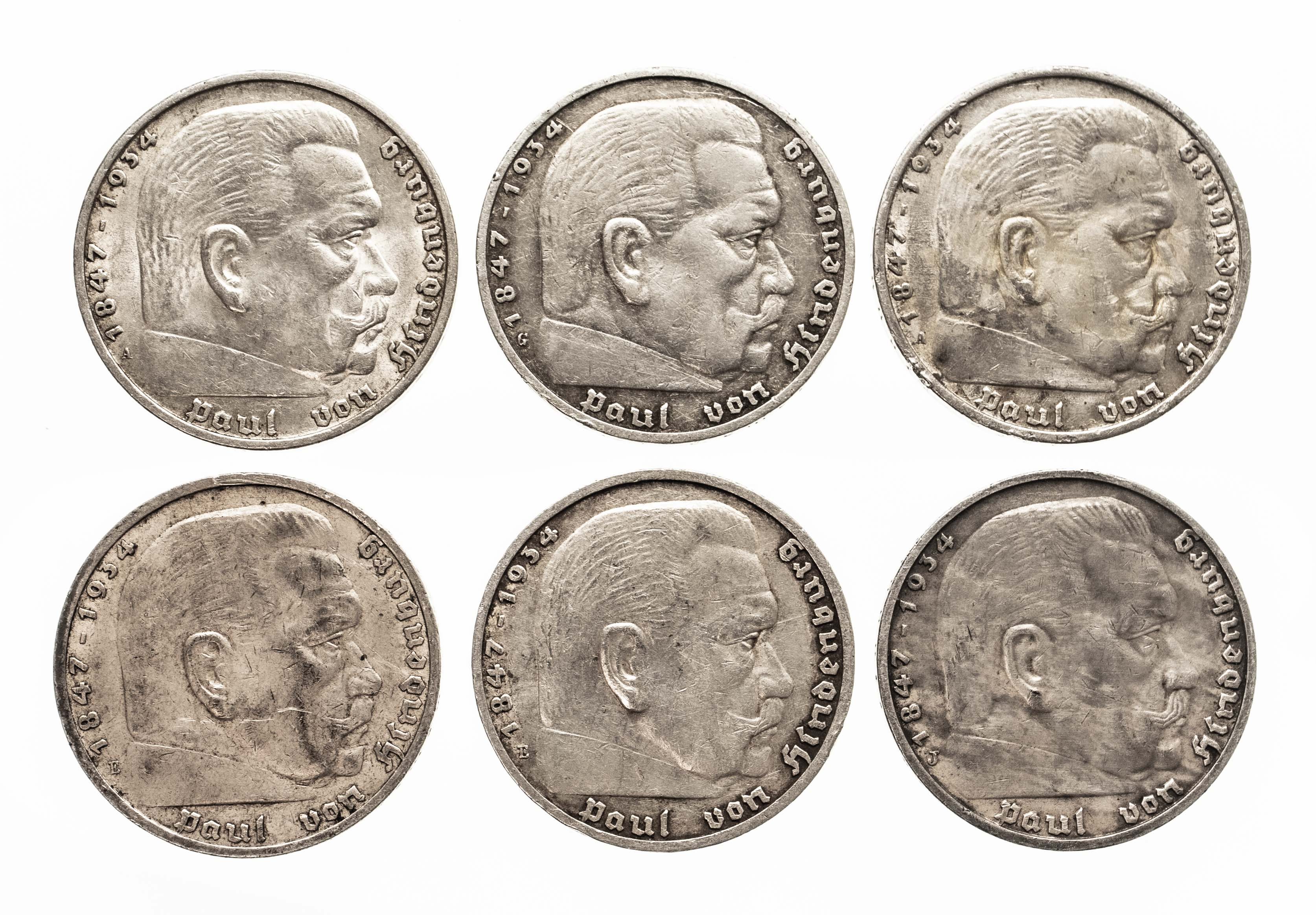 Niemcy, III Rzesza (1933-1945), Zestaw 5 marek Hindenburg, swastyka (6 ...