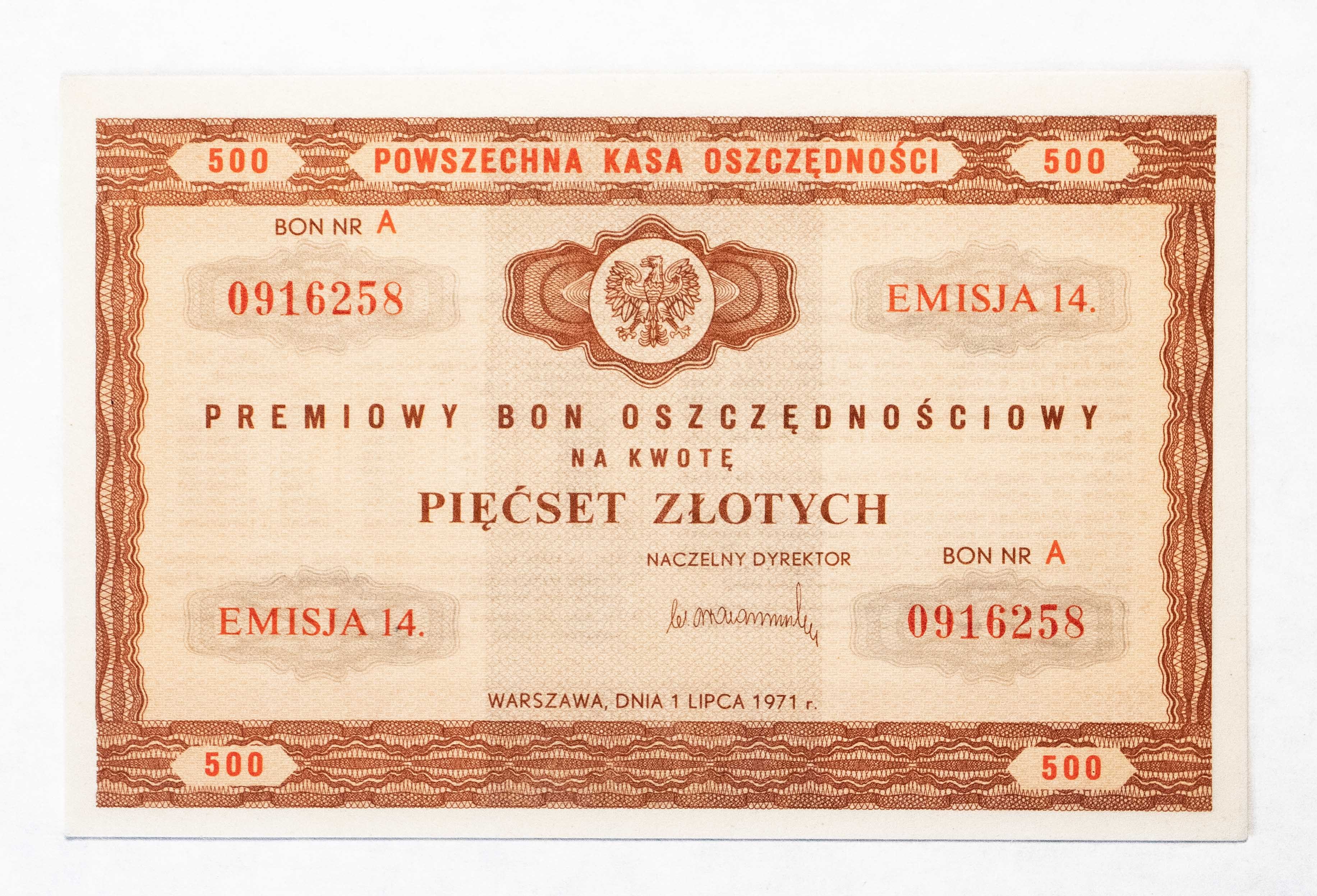 PRL, PKO, Premiowy Bon Oszczędnościowy na 500 złotych 1971. - Aukcja ...