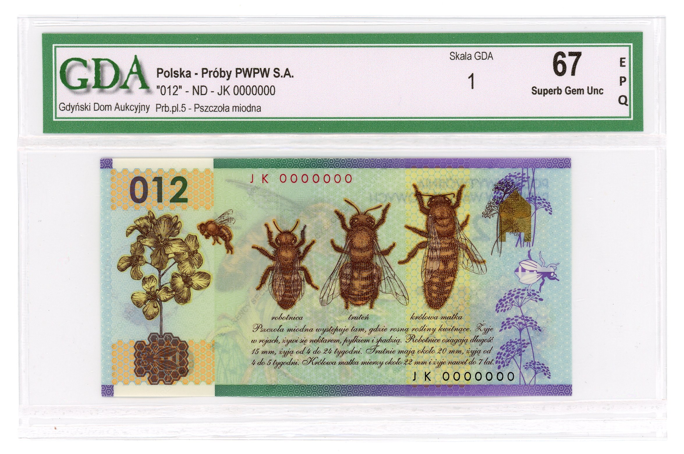 PWPW Polymer Test Note - Honey Bee 012 - zero numbering JK 0000000 ...
