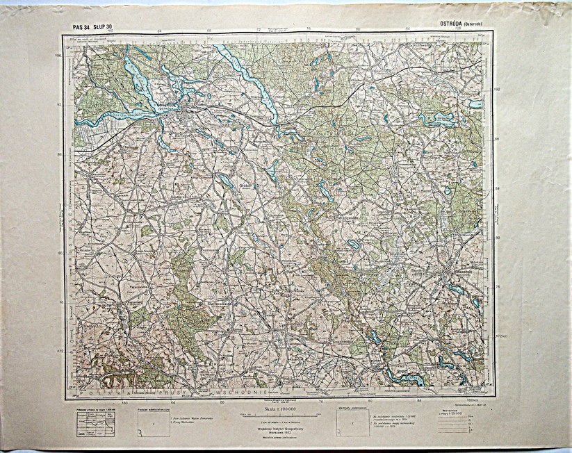 OSTRÓDA. [OSTERODE]. Pas 34. Słup 30. Mapa WiG. W-wa 1932. Skala 1 : ...