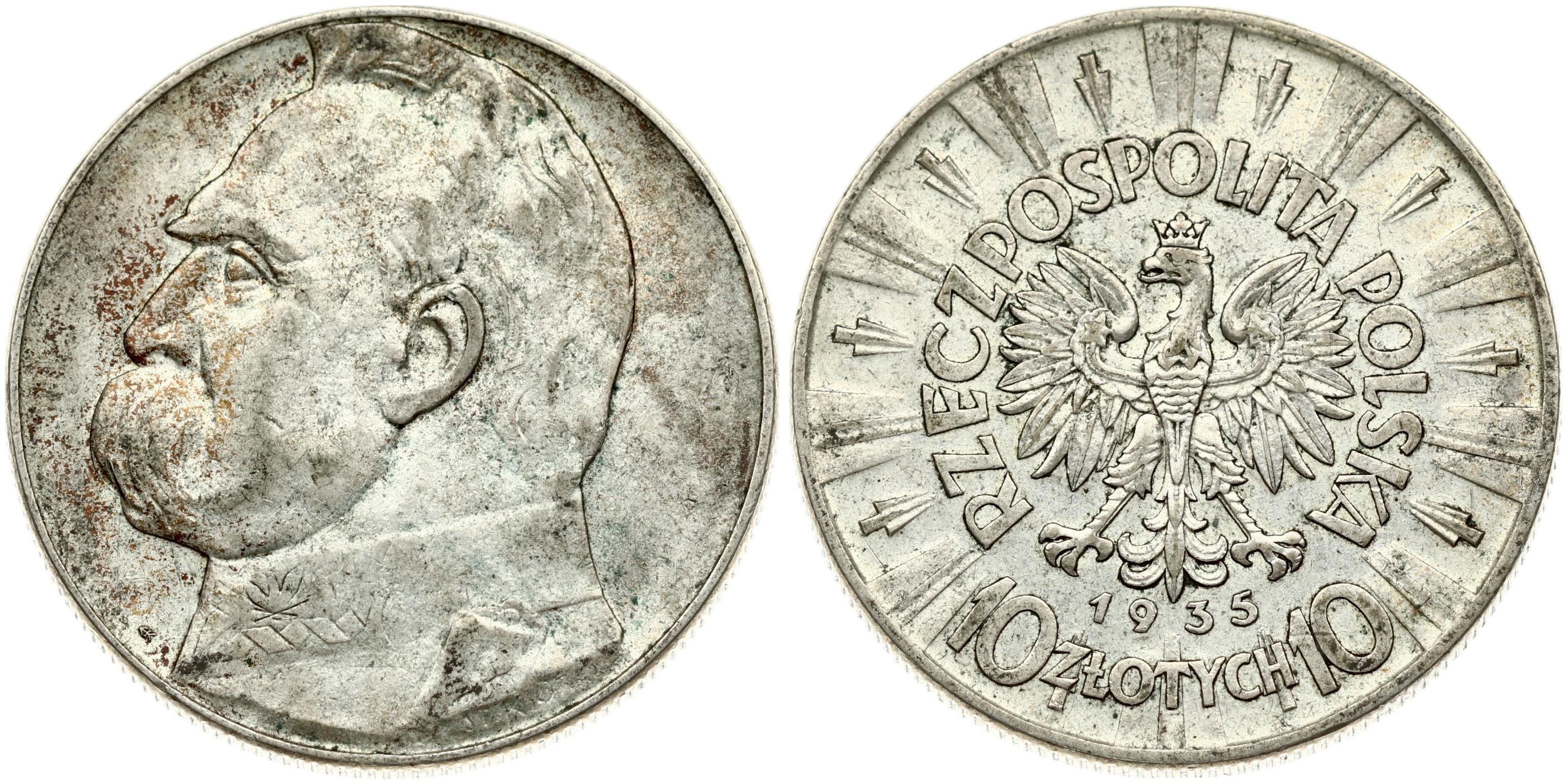 Poland 10 Zlotych 1935 (w) Obverse: Radiant crowned eagle with wings open. Reverse: Head of ...