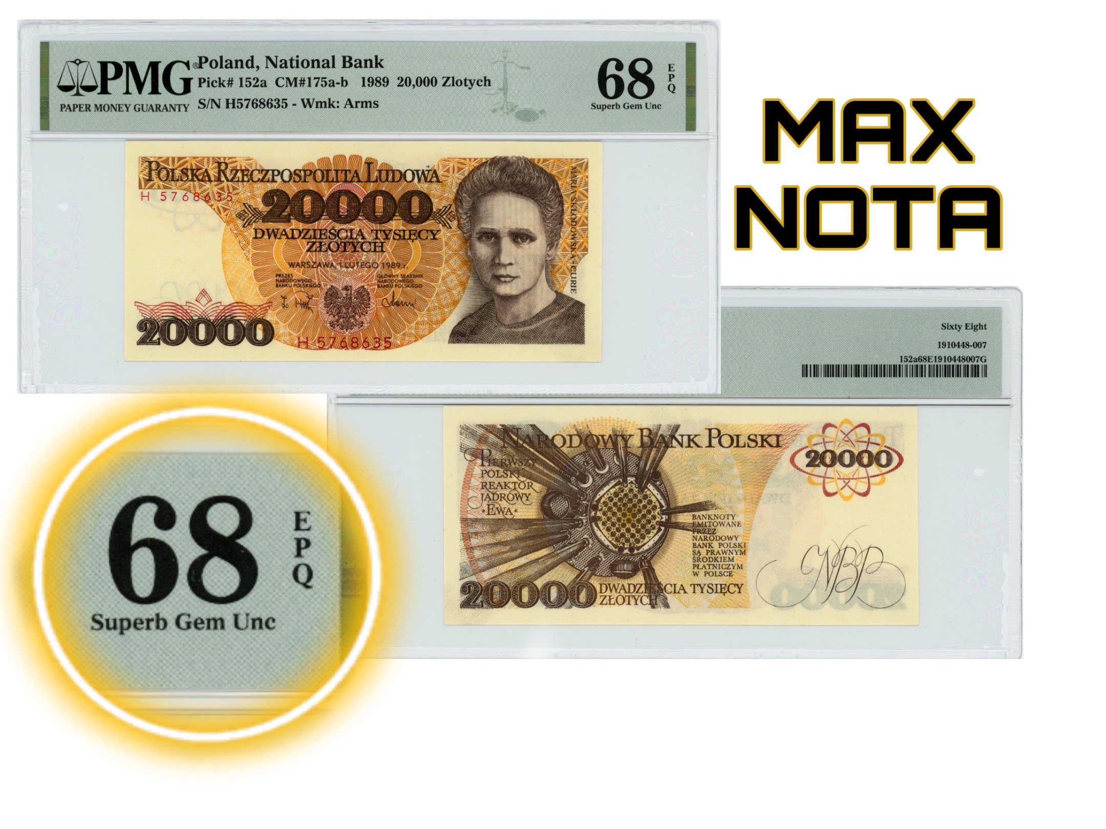 20.000 złotych 1989 - seria H - PMG 68 EPQ - MAX NOTA - Aukcja internetowa / Licytacja online ...