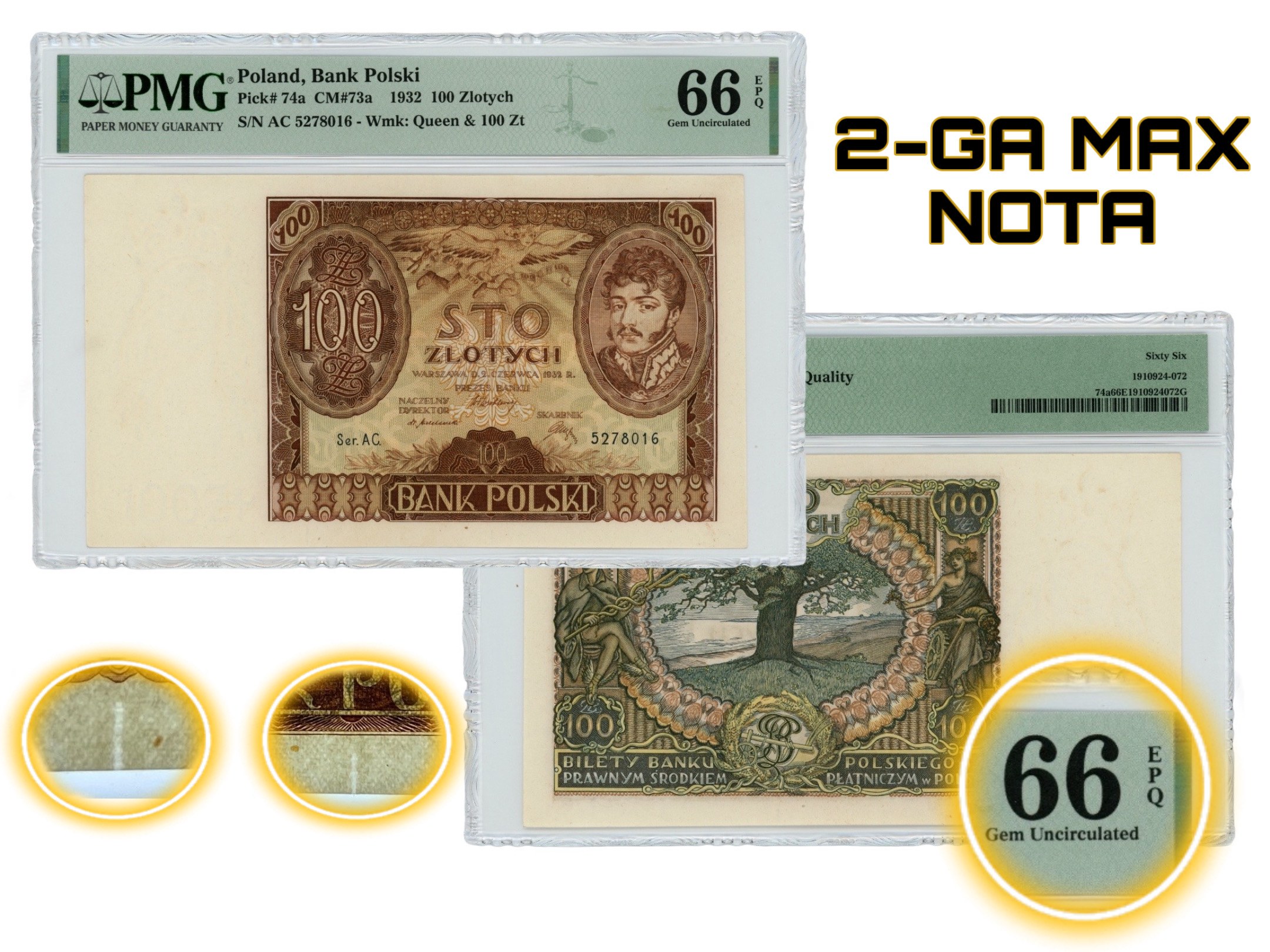 100 złotych 1932 - seria AC - PMG 66 EPQ - dodatkowy znak wodny kreski ...