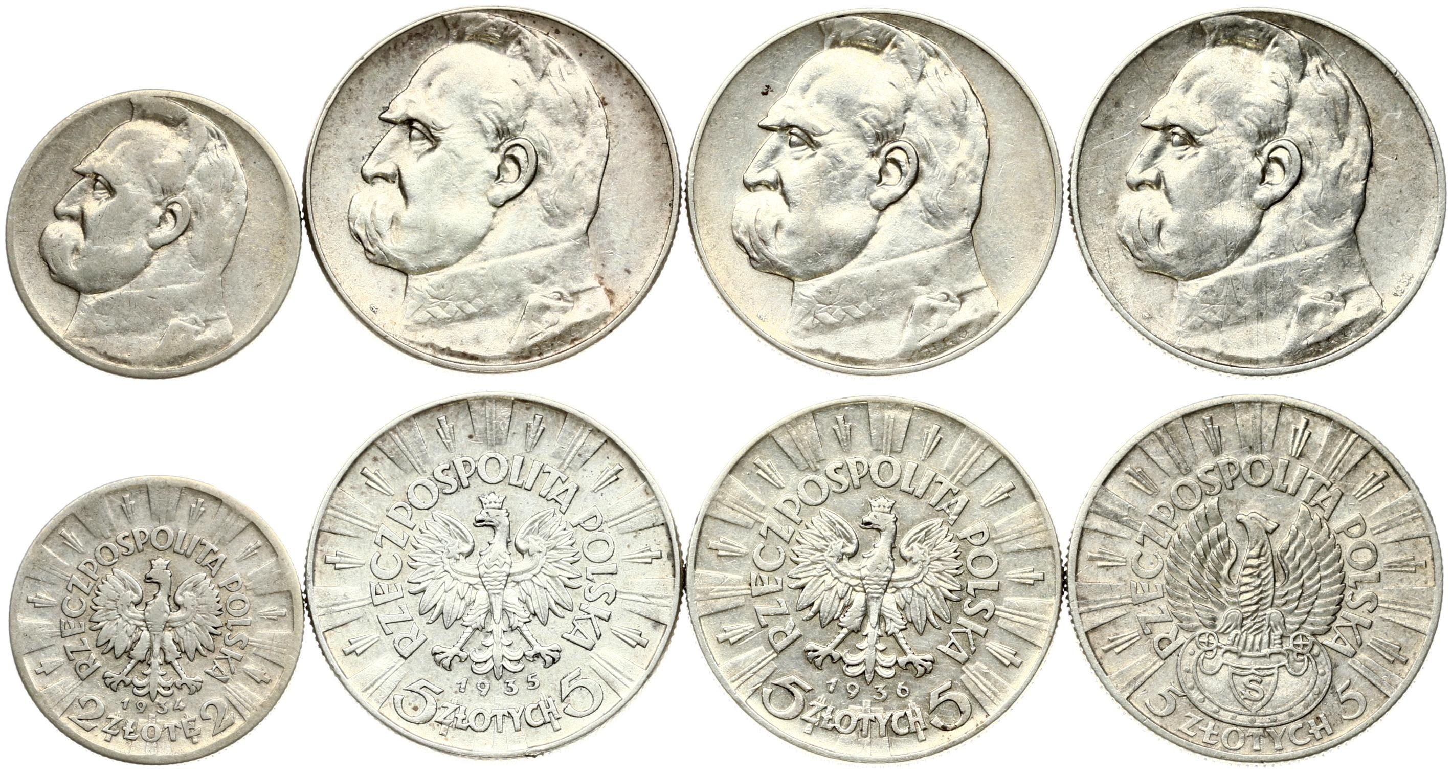 Poland 2 & 5 Zlotych (1934-1936) Obverse: Rifle Corps symbol below ...