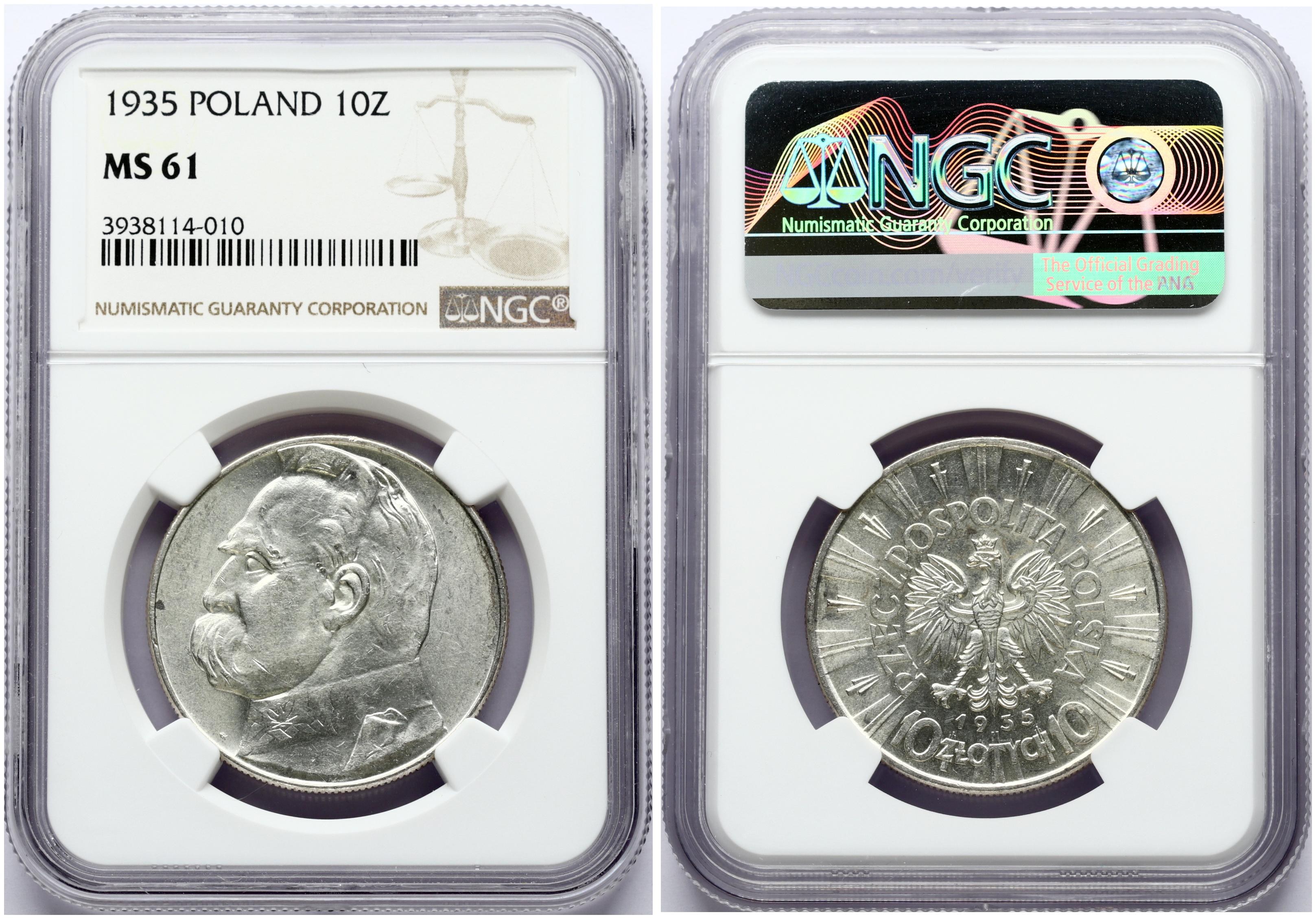 Poland 10 Zlotych 1935(w) Obverse: Eagle with wings open with no symbols below. Reverse: Head of ...