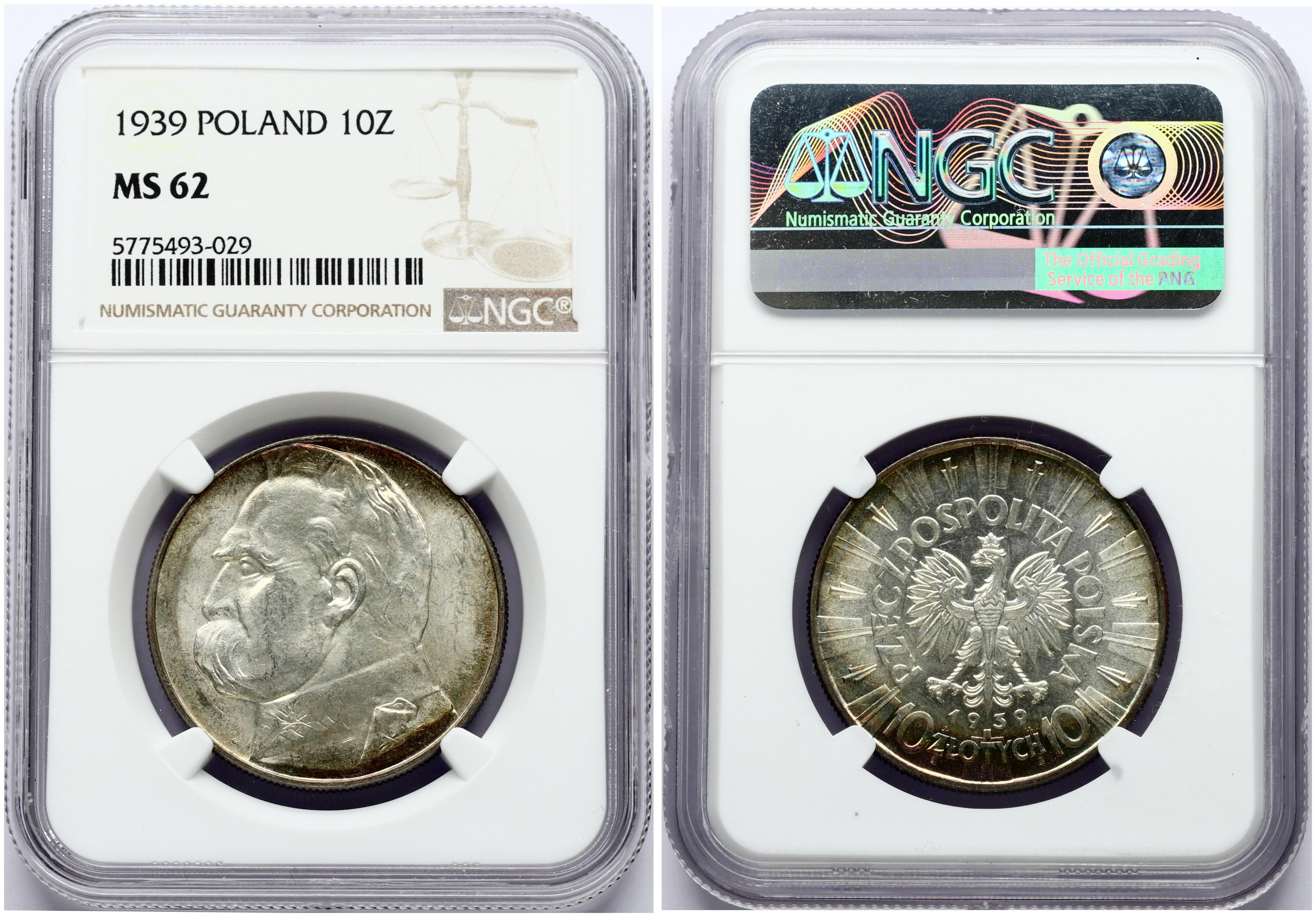 Poland 10 Zlotych 1939(w) Obverse: Eagle with wings open with no symbols below. Reverse: Head of ...