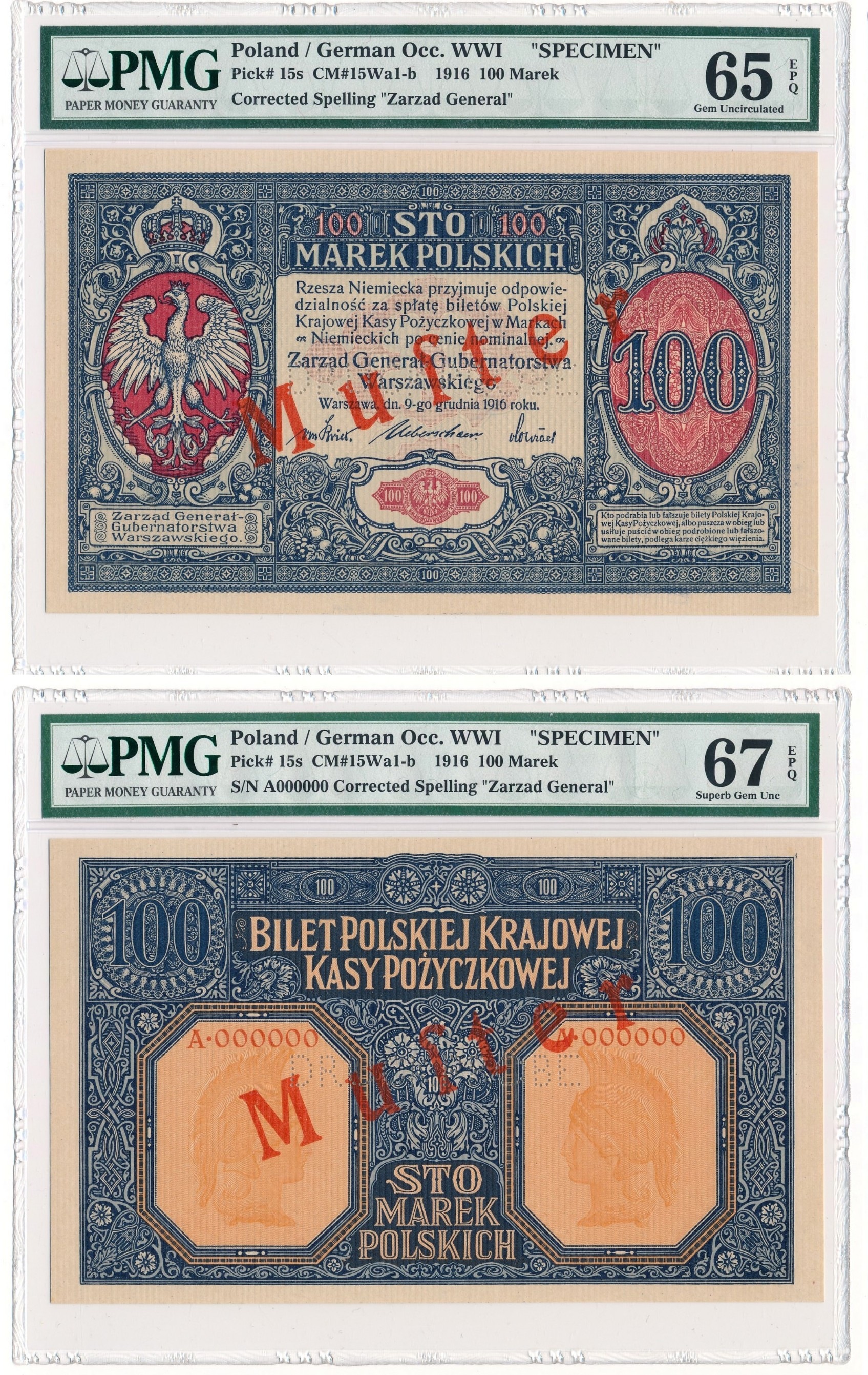 100 marek 1916 Generał Wzór Awers i Rewers PMG 67 i 65 EPQ - Aukcja ...
