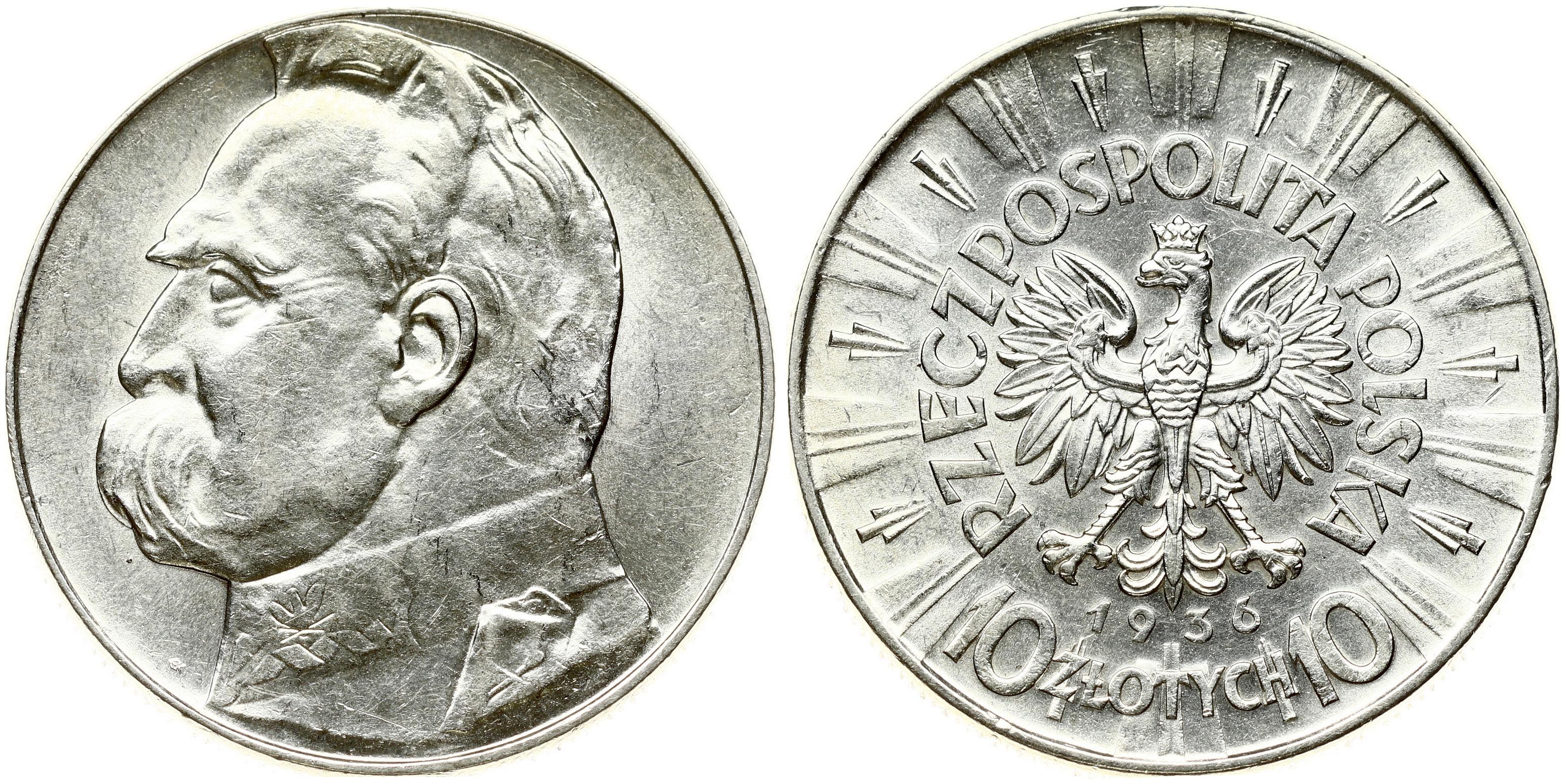 Poland 10 Zlotych 1936(w) Obverse: Eagle with wings open with no symbols below. Reverse: Head of ...