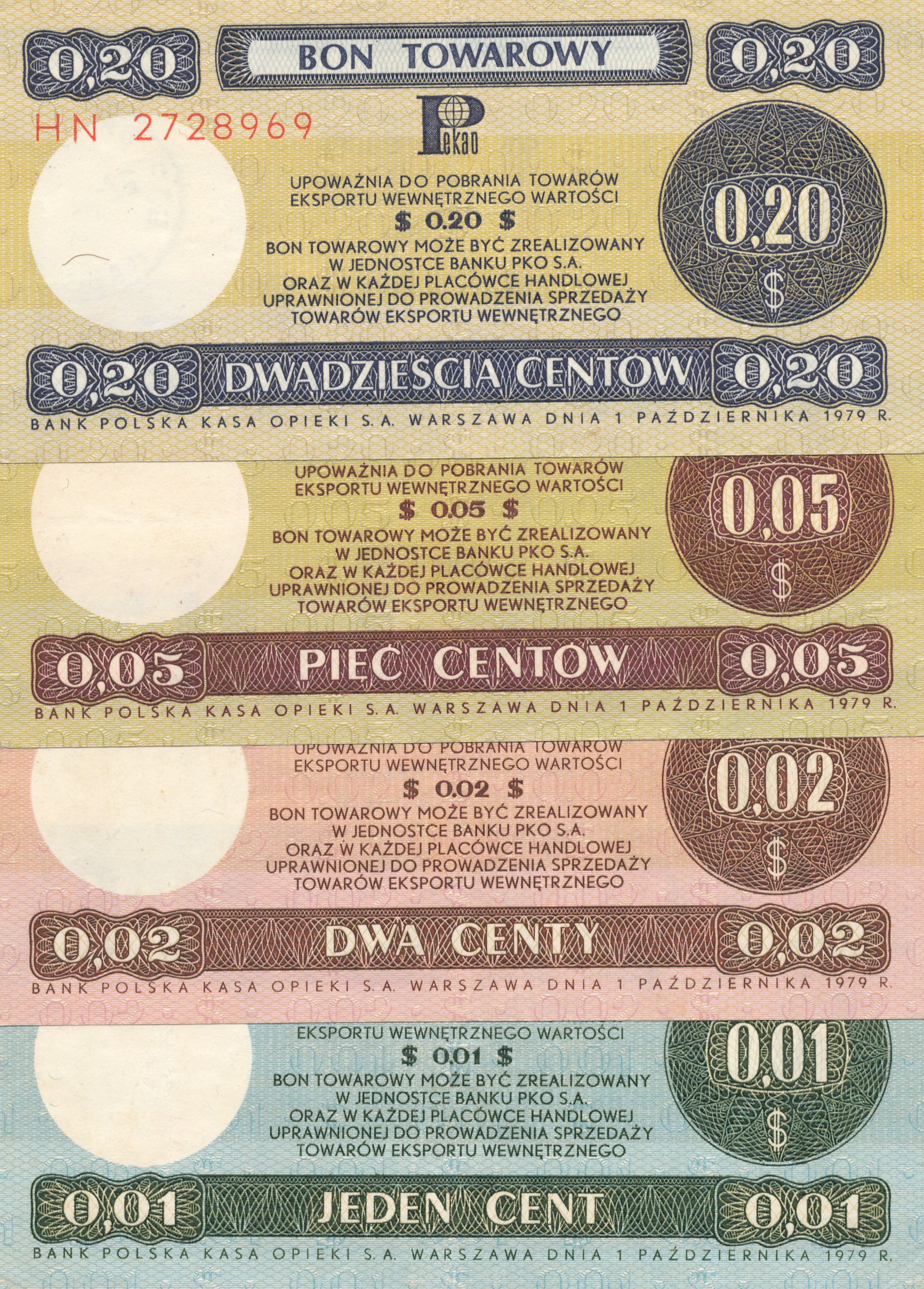 Pewex Bon Towarowy, zestaw 4 szt. 1, 2, 5 i 20 centów 1979 - Aukcja ...