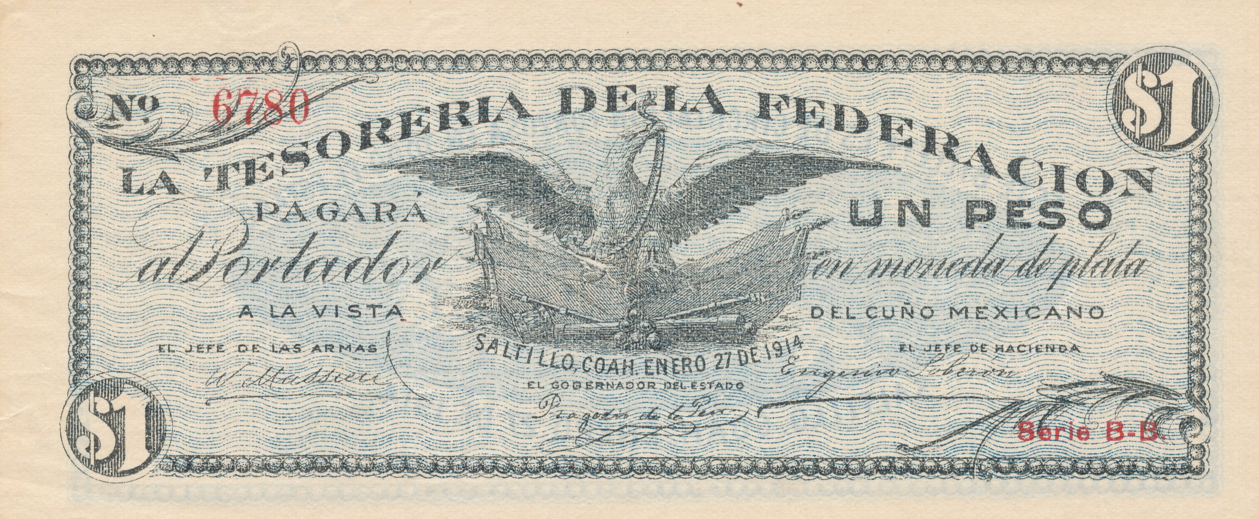 Meksyk La Tesorer a De La Federaci n Saltillo 1 Peso 1 Dolar 1914 Meksyk La Tesorer a De La Federaci n Saltillo 1 Peso 1 Dolar 1914