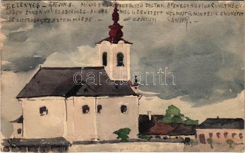 1900 Belényes, Beius; templom. Tus és akvarell rajz Thaisz Mariskának ...