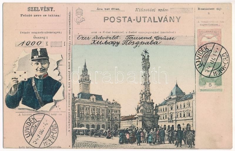 Újvidék, Novi Sad; Szentháromság szobor, Városháza, piac. Posta ...