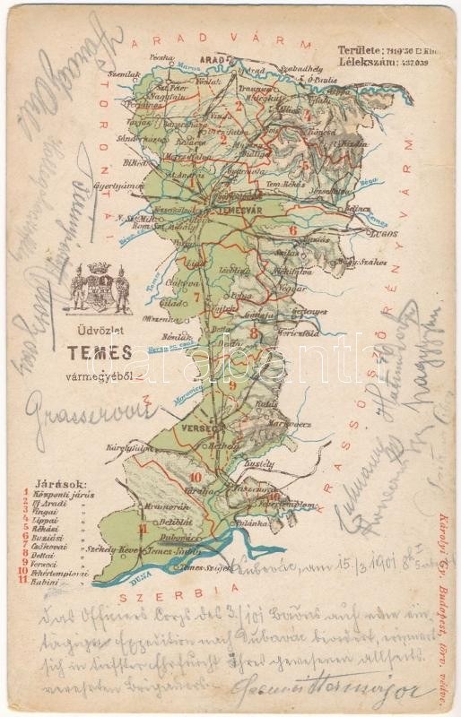 1901 Temes vármegye térképe. Kiadja Károlyi Gy. / Map of Timis county ...