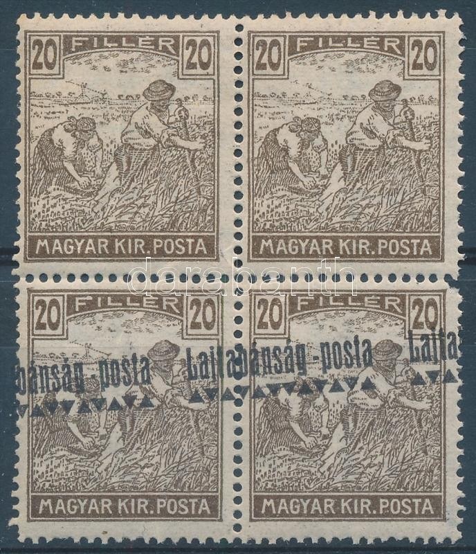 Nyugat-Magyarország III. 1921 Arató 20f négyestömb nagyon látványosan elcsúszott felülnyomással ...