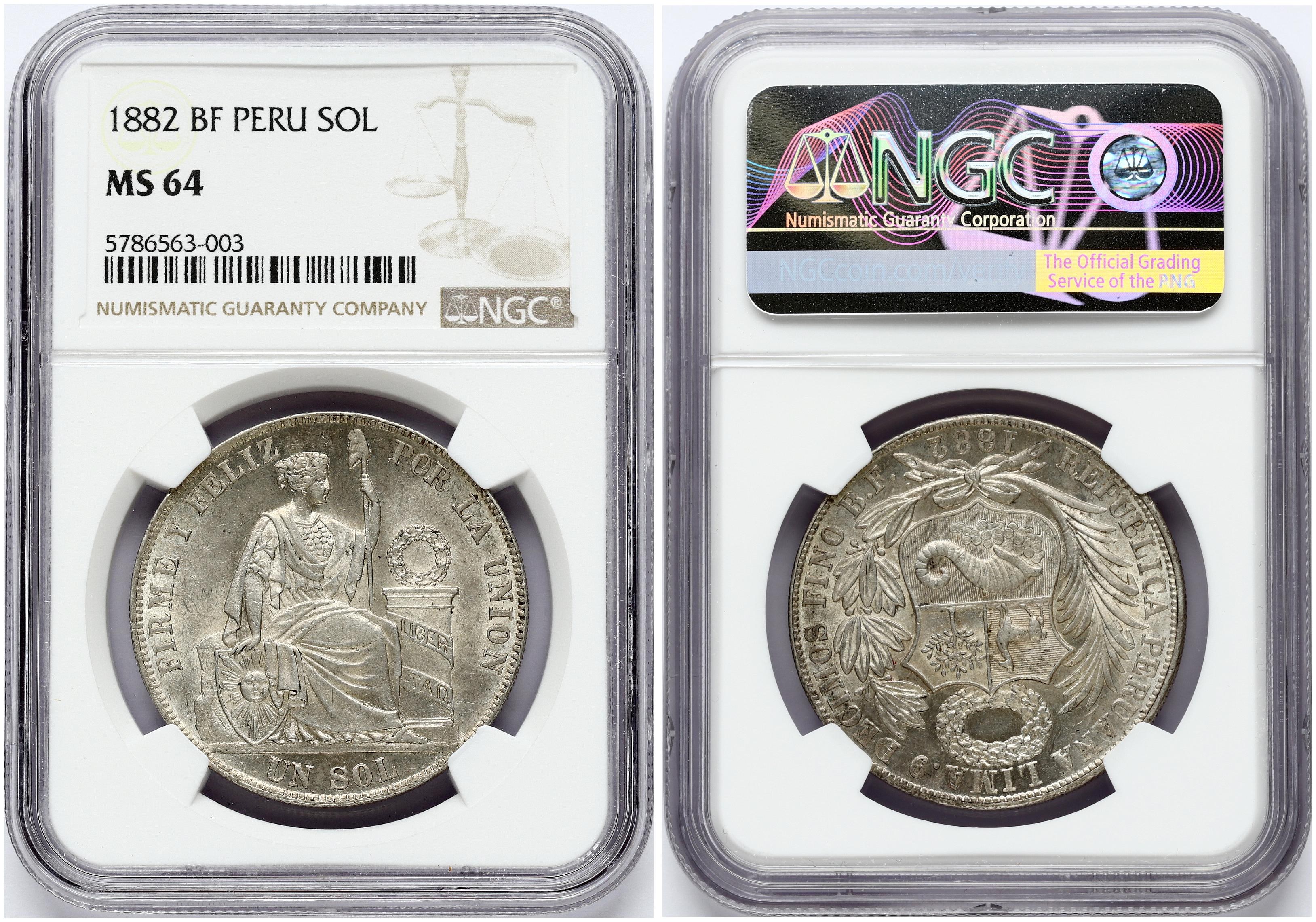 Peru 1 Sol 1882 BF Obverse: Coat of arms above date. Lettering ...