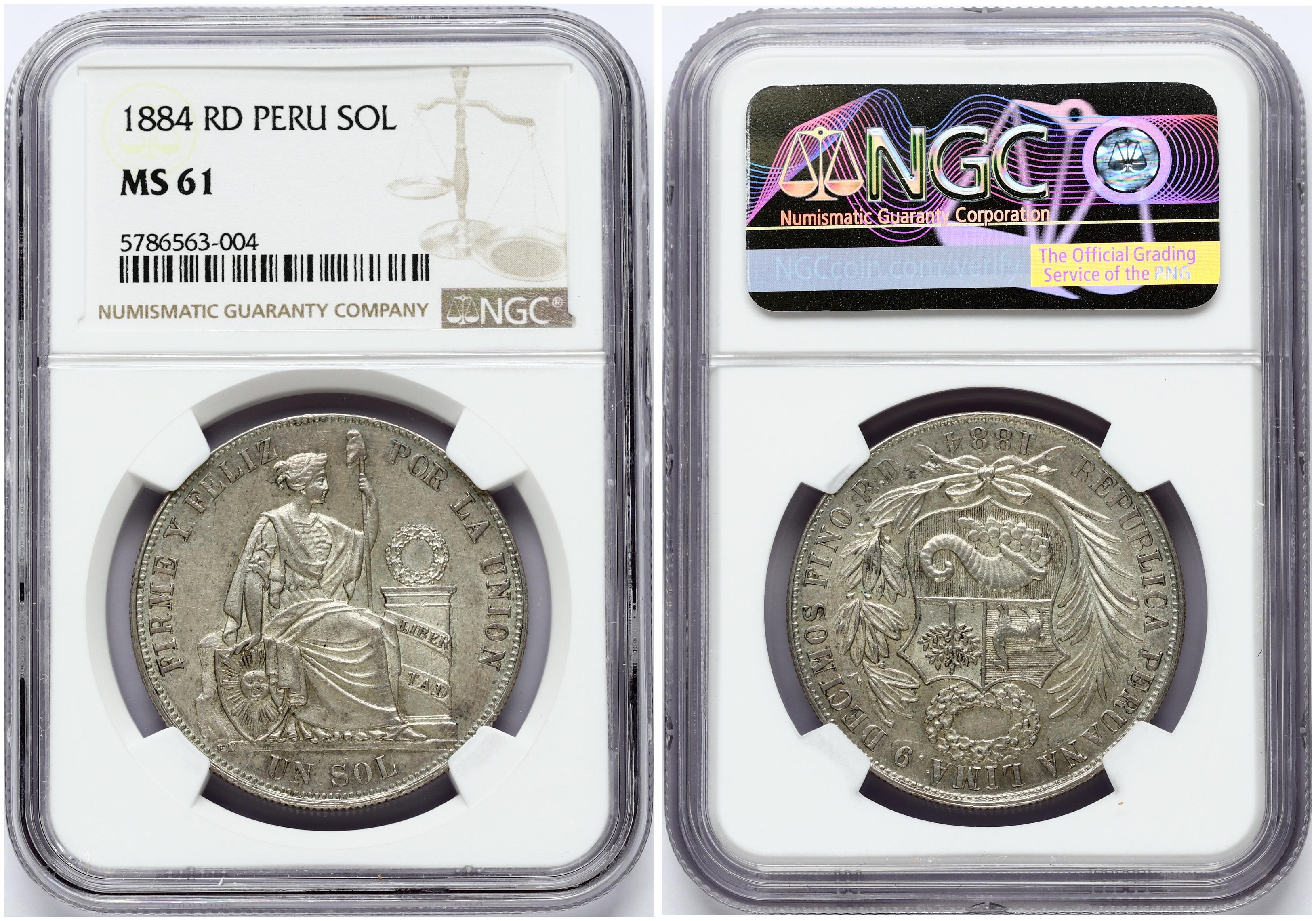 Peru 1 Sol 1884 RD Obverse: Coat of arms above date. Lettering ...