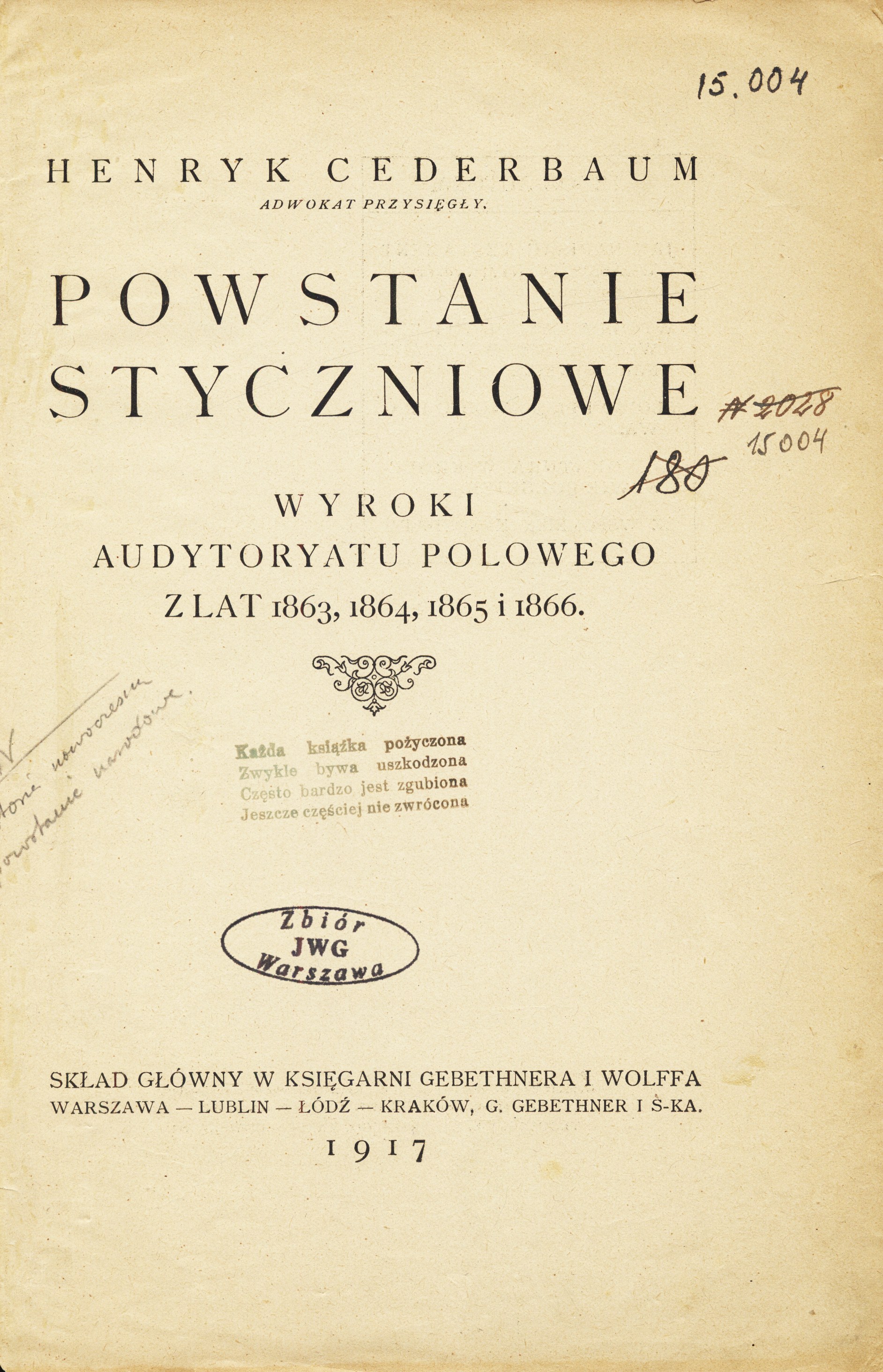 CEDERBAUM Henryk: Powstanie styczniowe. Wyroki audytoryatu polowego z ...