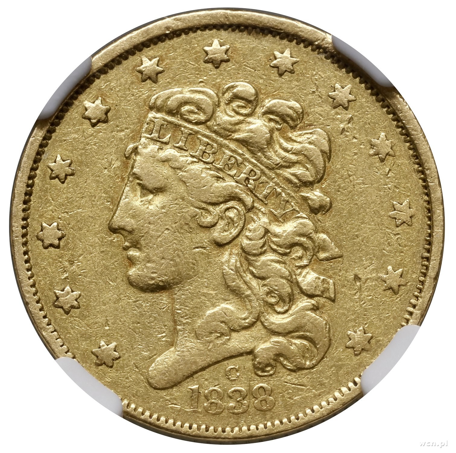 5 dolarów, 1838 C, Charlotte; typ Liberty Head with rib... - Aukcja ...