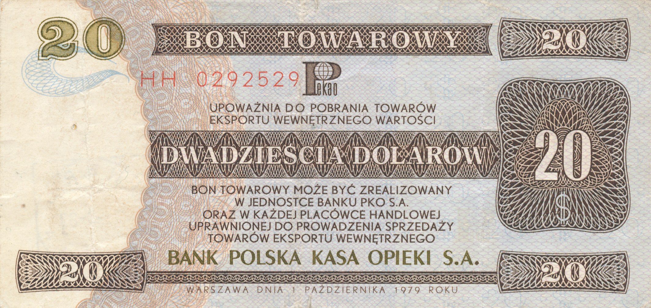 Pewex Bon Towarowy 20 dolarów 1979, ser. HH - Aukcja internetowa ...